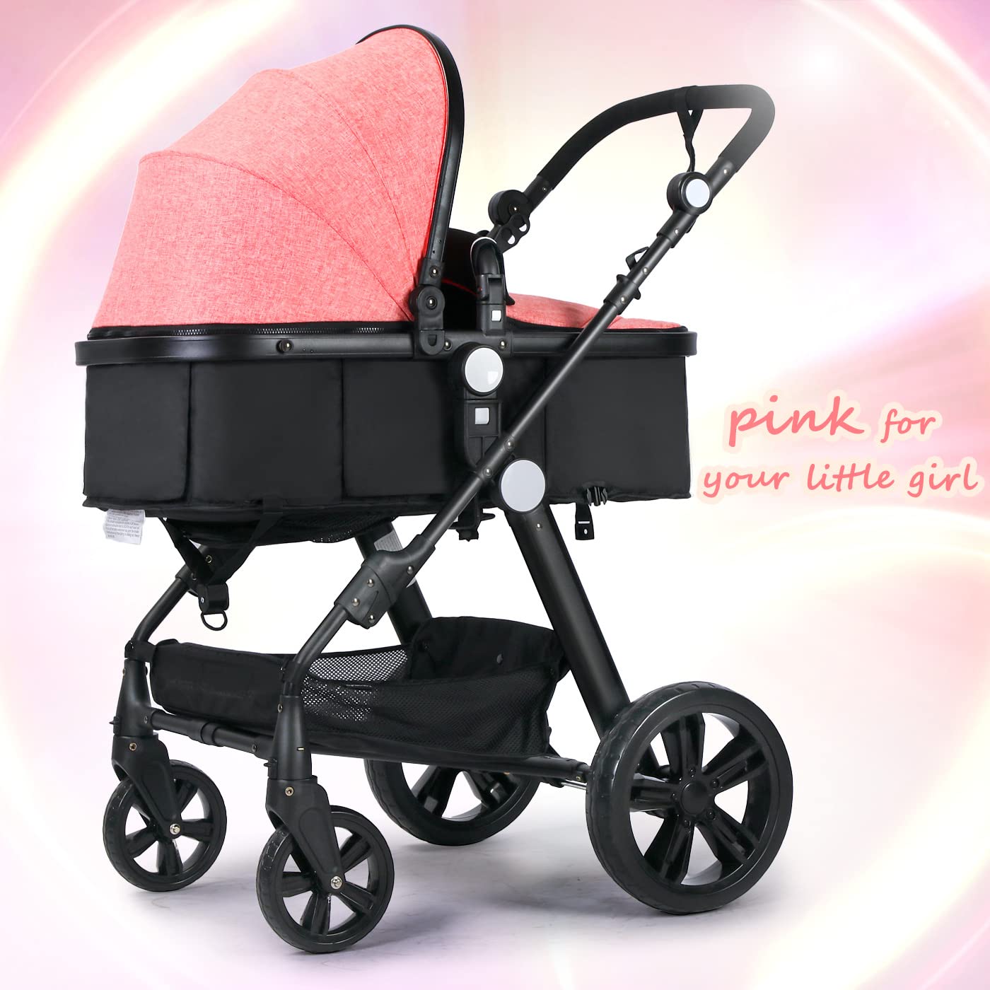 Baby Stroller Infant Bassinet Stroller Toddler Reversible Seat Pram Foldable Pushchair with Adjustable Canopy Backrest and Pusher, Suspension Wheels Fit All Terrains, Cup Holder (PINK)