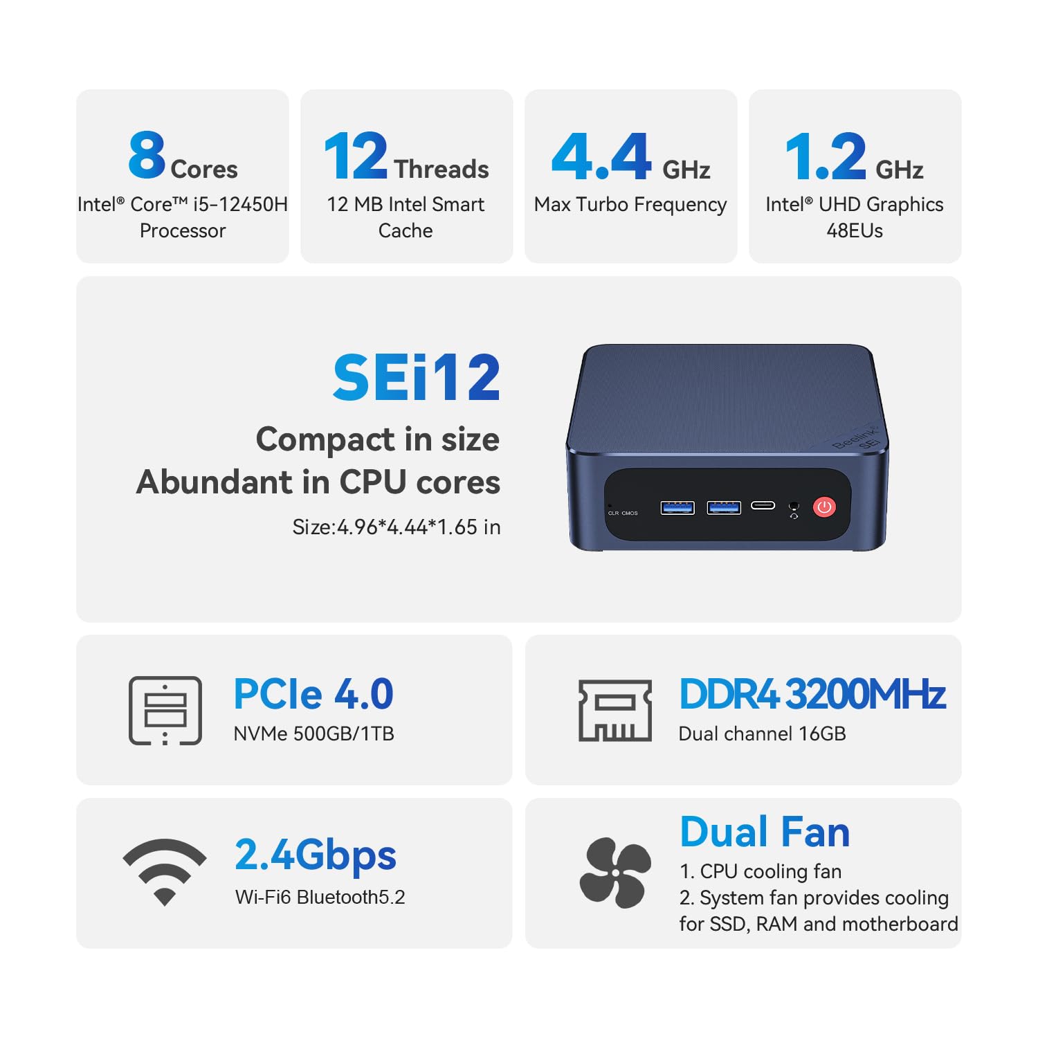 Beelink Mini PC SEi12 i5-1235U 10C 12T,4.4GHz,16G RAM 500G PCIE4.0 Kingston SSD,WiFi6,BT-5.2,Dual Display 4K@60Hz,Support 2.5 Inch HDD Expend,Household Office Business Mini Computer.