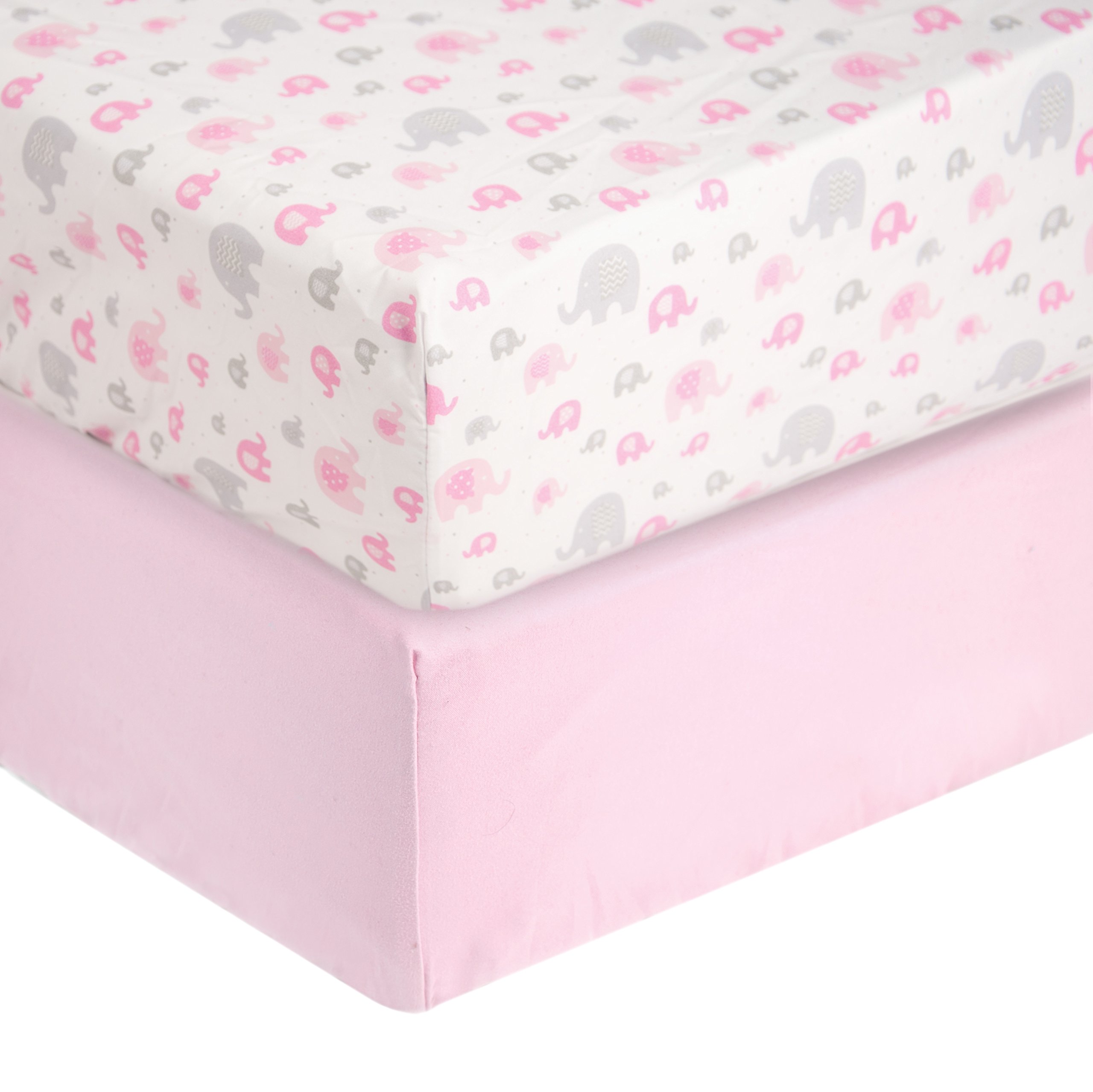 Tadpoles 2-Piece Elephant Crib Sheets | Collection of 2 Fitted Crib Sheets | Made of 100% Brushed Microfiber Polyester | Soft, Smooth, Breathable & Durable | Ideal for Babies | Pink & White