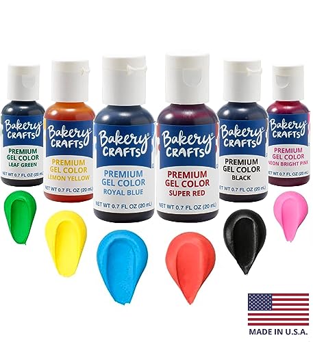 Bakery Crafts Premium Gel Food Color 6 Bottle Assortment, 4.2 Fl Oz, Edible Coloring For Use with Cake Mix, Buttercream, Whipped Icing, Fondant & Piping Gel, Highly Concentrated, Red, Pink, Yellow, Green, Blue, Black - 6 x 0.7FL