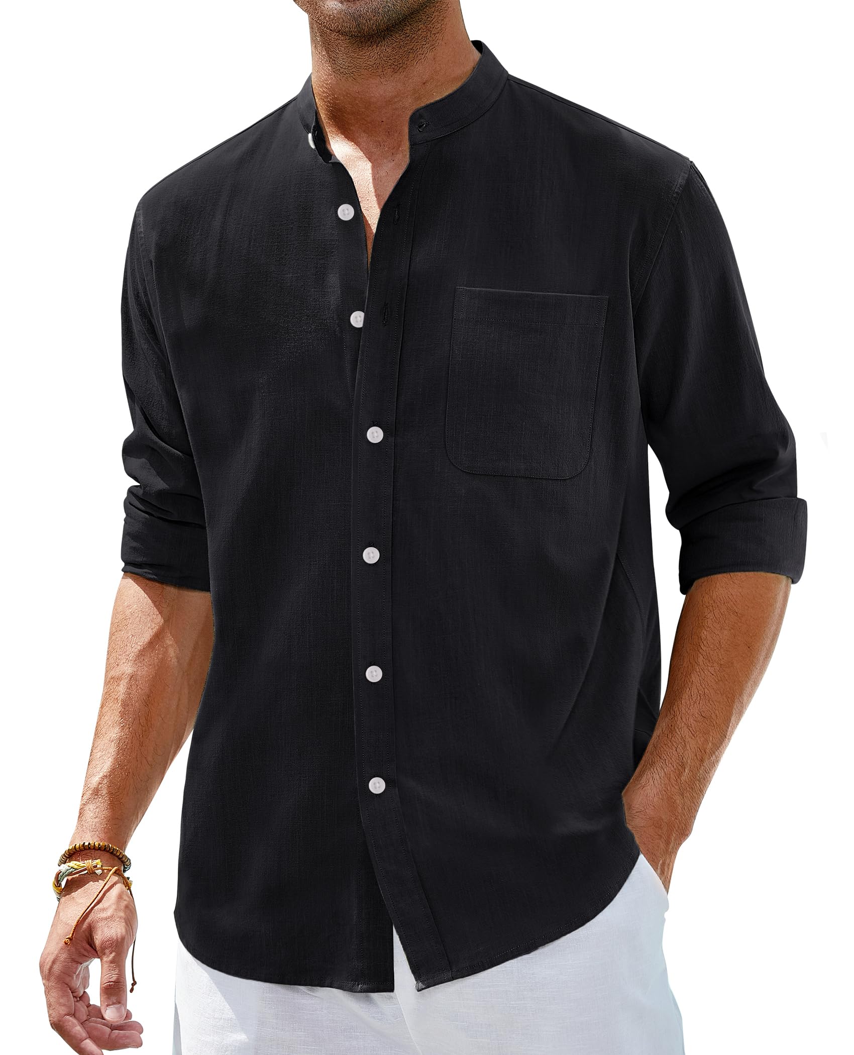 Alimens & Gentle Men's Cotton Linen Shirts Long Sleeve Button Down Shirt Band Collar Beach Shirts Black
