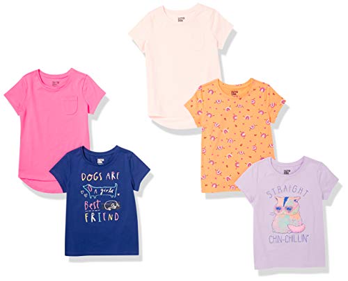 Amazon Essentials Girls' Short-Sleeve T-Shirt Tops-Discontinued Colors, Pack of 5, Pink/Orange/Blue, Medium