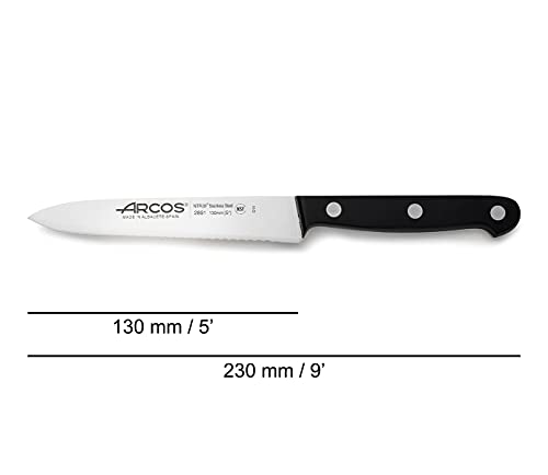 ARCOS Paring Knife 5 Inch Stainless Steel. Serrated Tomato Knife for Cutting and Chopping. Ergonomic Polyoxymethylene Handle and 130mm Blade. Series Universal. Color Black