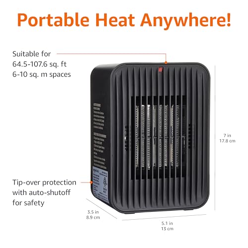 Amazon Basics Ceramic Space Heater, Electric Heater for Indoor Use With 3 Heat Settings, Temperature Control, Lightweight (1.7 LBS), 520W, 5.1"L x 3.5"W x 7"H