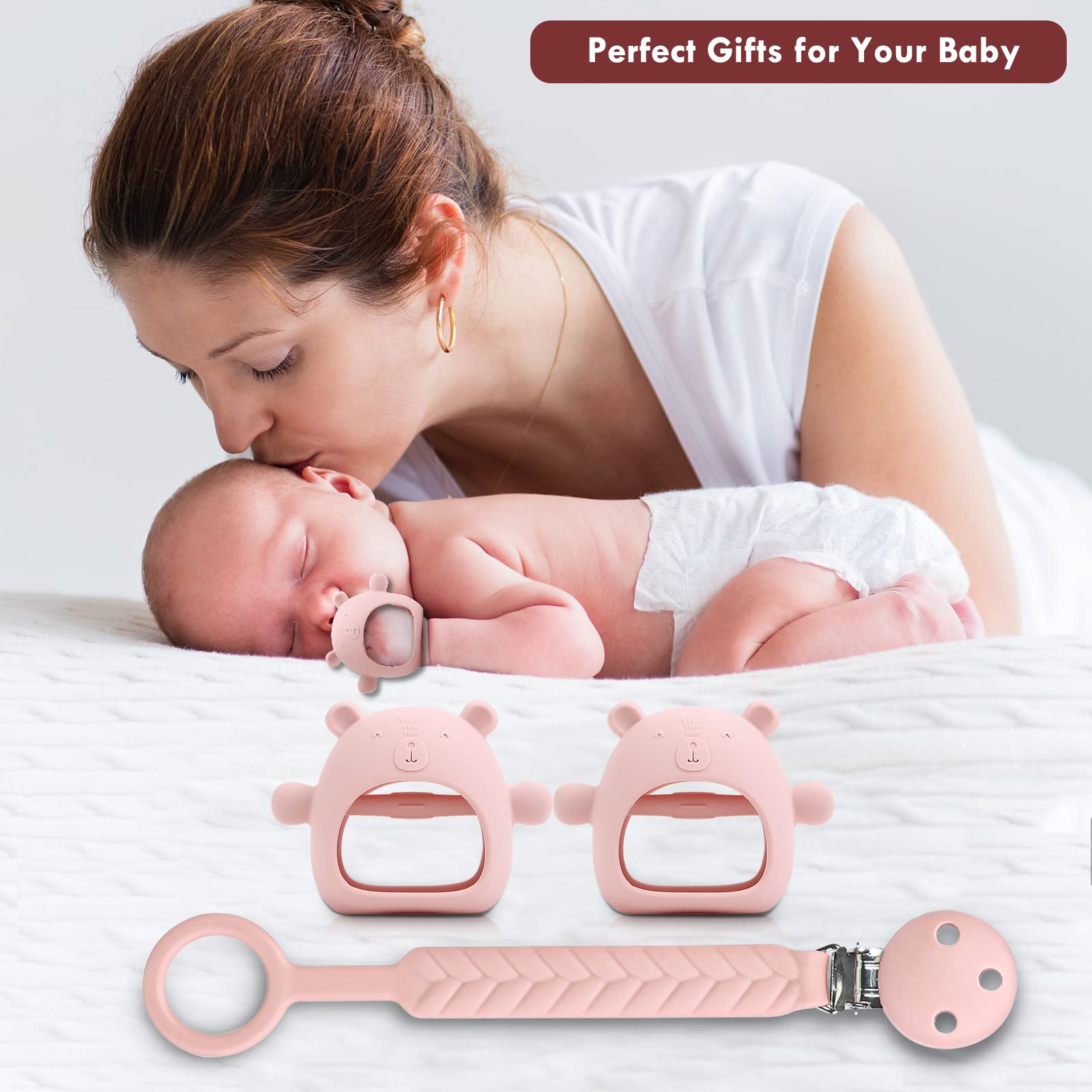 Baby Teether for 0-6 Months 2 Pack Never Drop Baby Teething Toys for 6-12 Months+1 Pack Pacifier Clip,Silicone Baby Chew Toys for Infant Sucking Needs,Baby Toys 3-6 Month Baby Mitten Teether(Pink)
