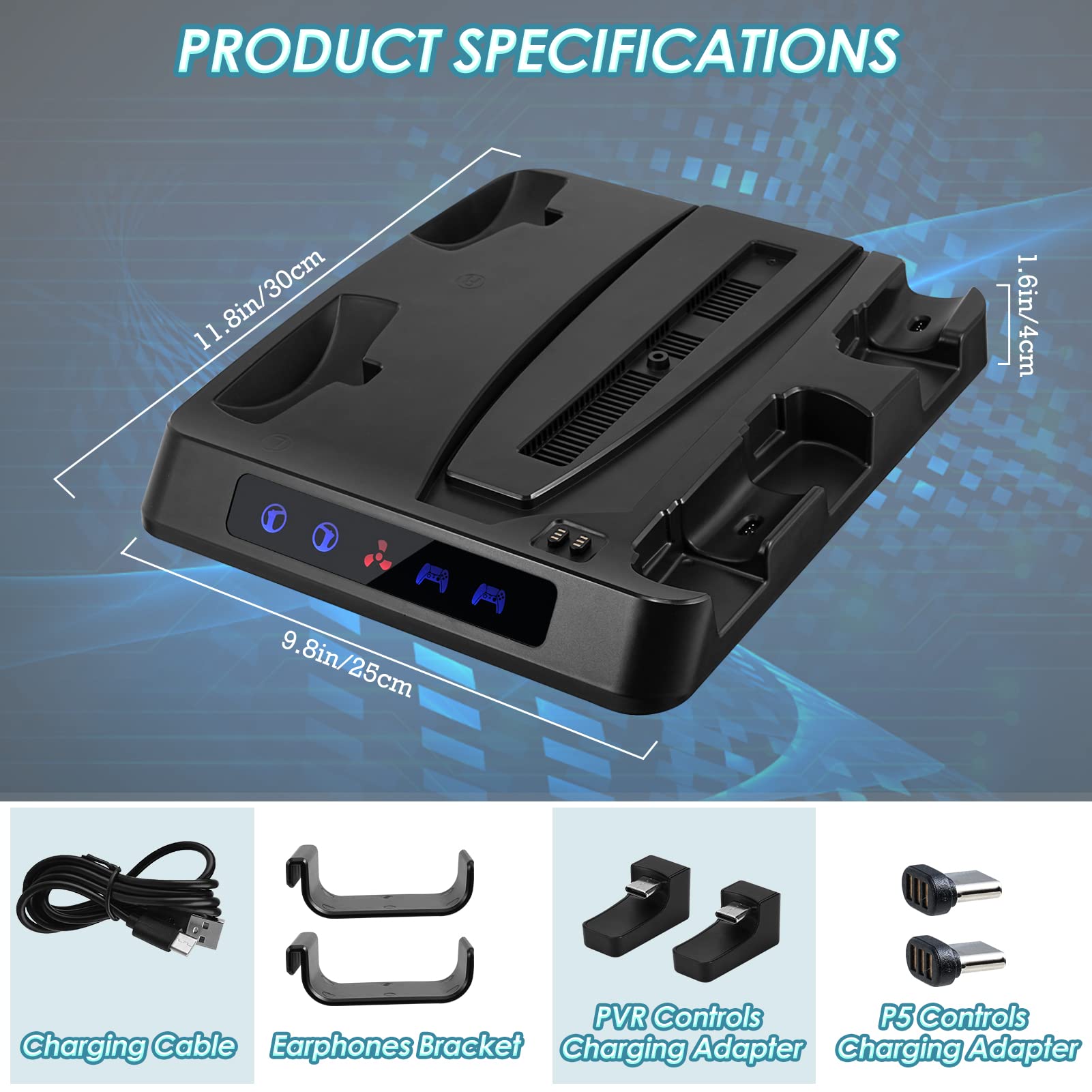 Augot Latest Charging Stand for PS5 and PSVR2 Multi-Functional Vertical Stand with Cooling Fan and Dual Controller Charging Station, Charge, Cool, Showcase and Display Your PS5 PSVR2, Born for Games