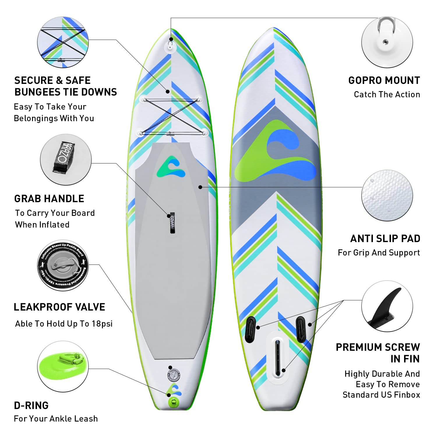 Abrazo Inflatable Stand Up Paddle Board for Adults - Durable, Thick and Slip Resistant Paddle Board with SUP Accessories: Paddle, Patch Repair Kit, Hand Pump, SUP Leash, and SUP Backpack