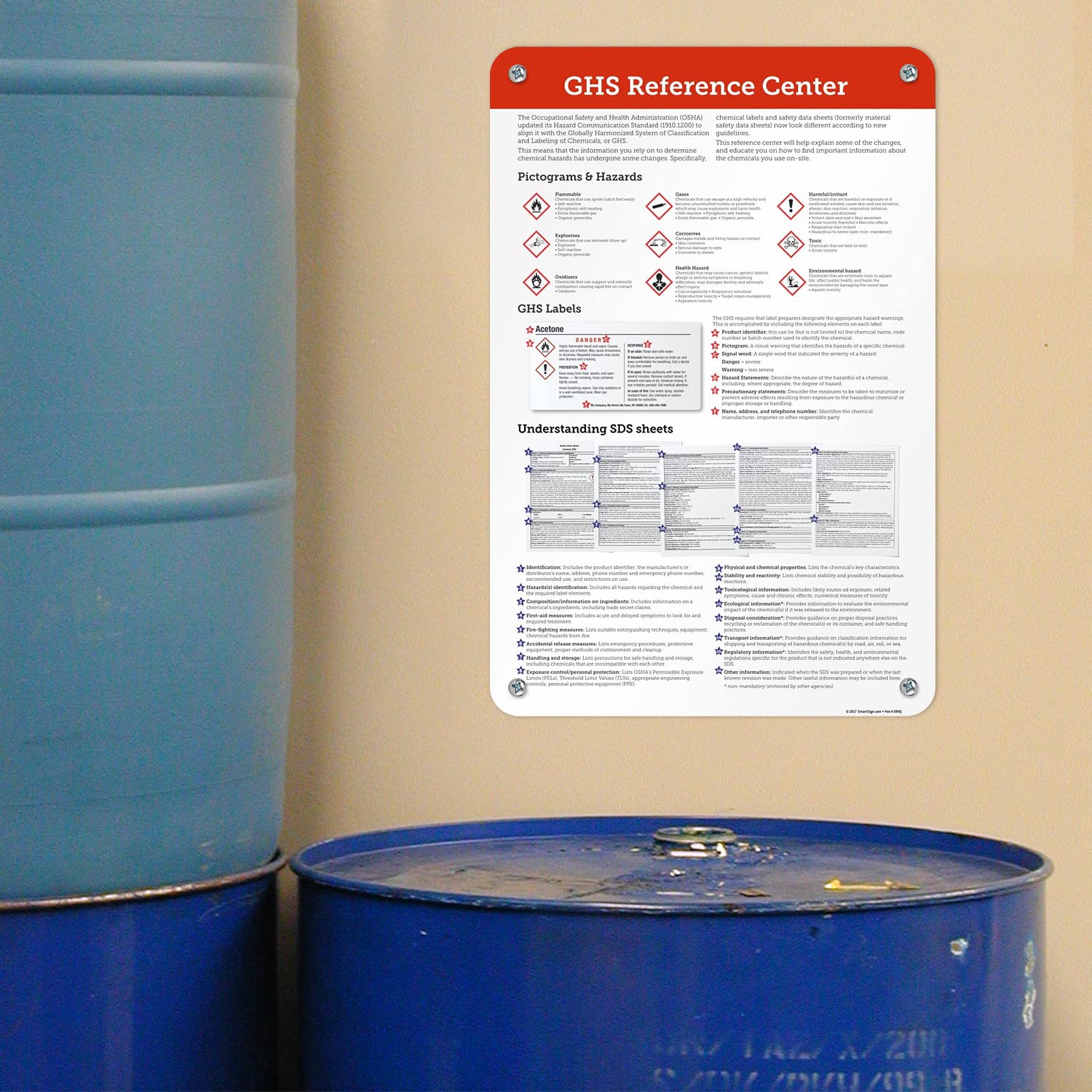 SmartSign 18 x 24 inch Safety GHS Poster “GHS Reference Center - Pictograms And Hazards, GHS Labels, Understanding SDS Sheets” 55 mil Tear-Resistant Plastic, Pre-Drilled Holes, Multicolor, USA-Made