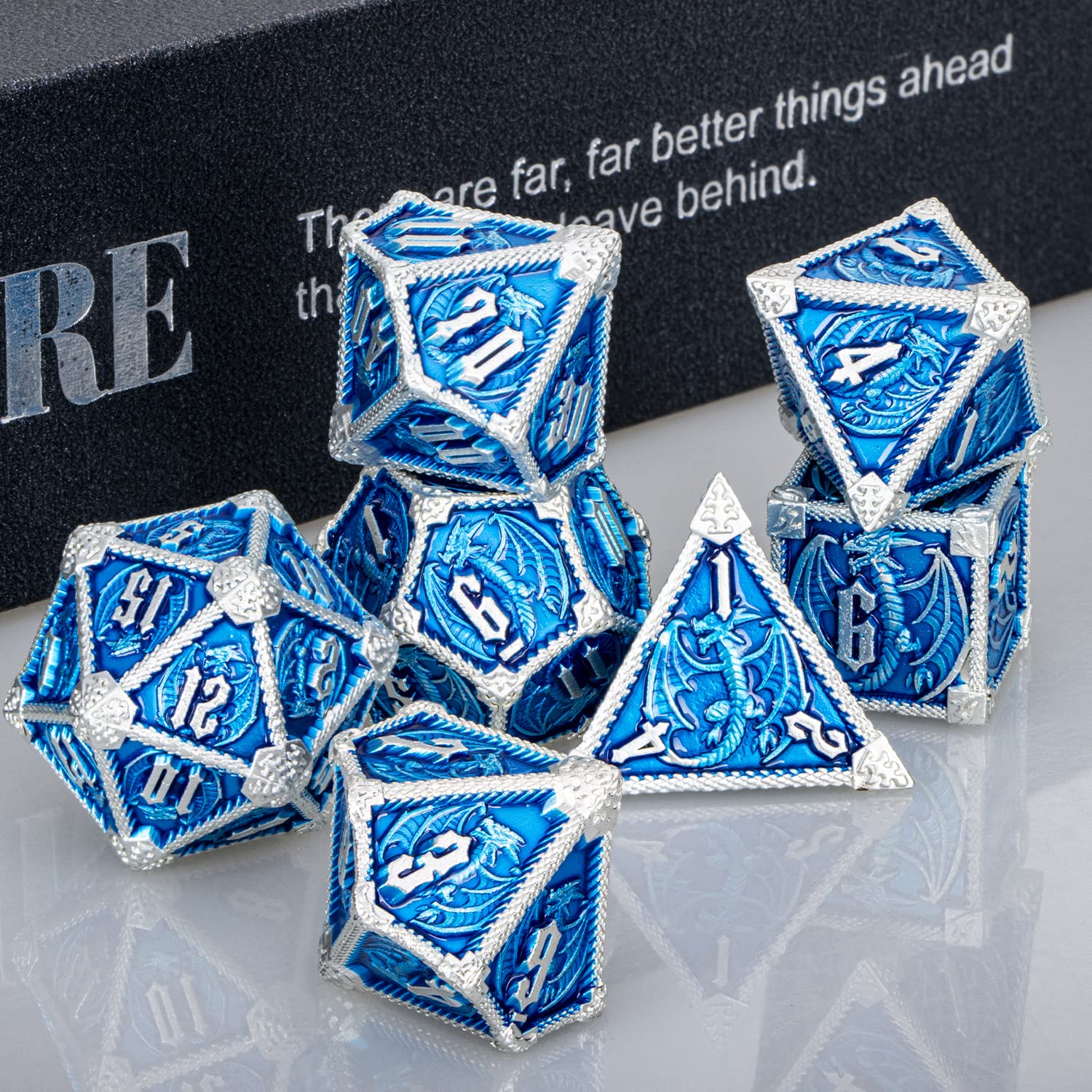 ARUOHHA 7PCS DND Metal Dice Set with Gift Box, Silver Blue D&D Dice 6 Sided Polyhedral Dice for Dungeons and Dragons RPG Role Playing Games D and D Dice D20 D12 D10 D8 D6 D4