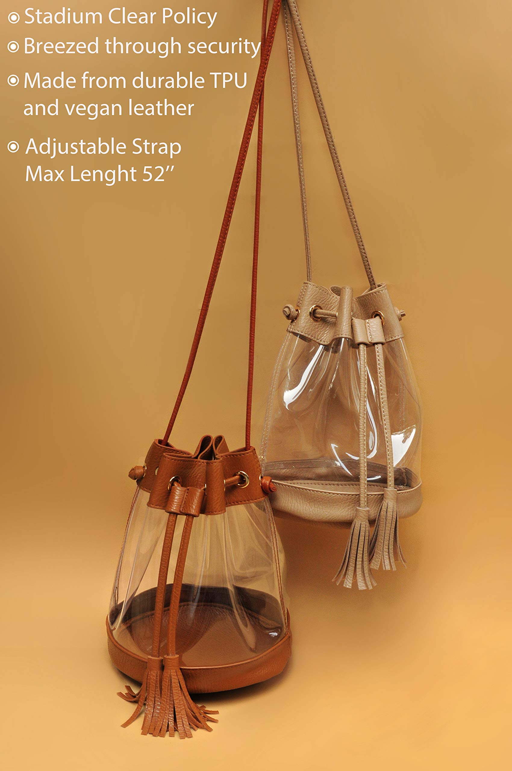 HOXIS Clear Purse Drawstring Bucket Crossbody Bag with Tassel Women PVC shoulder handbag for stadium approved (Brown)