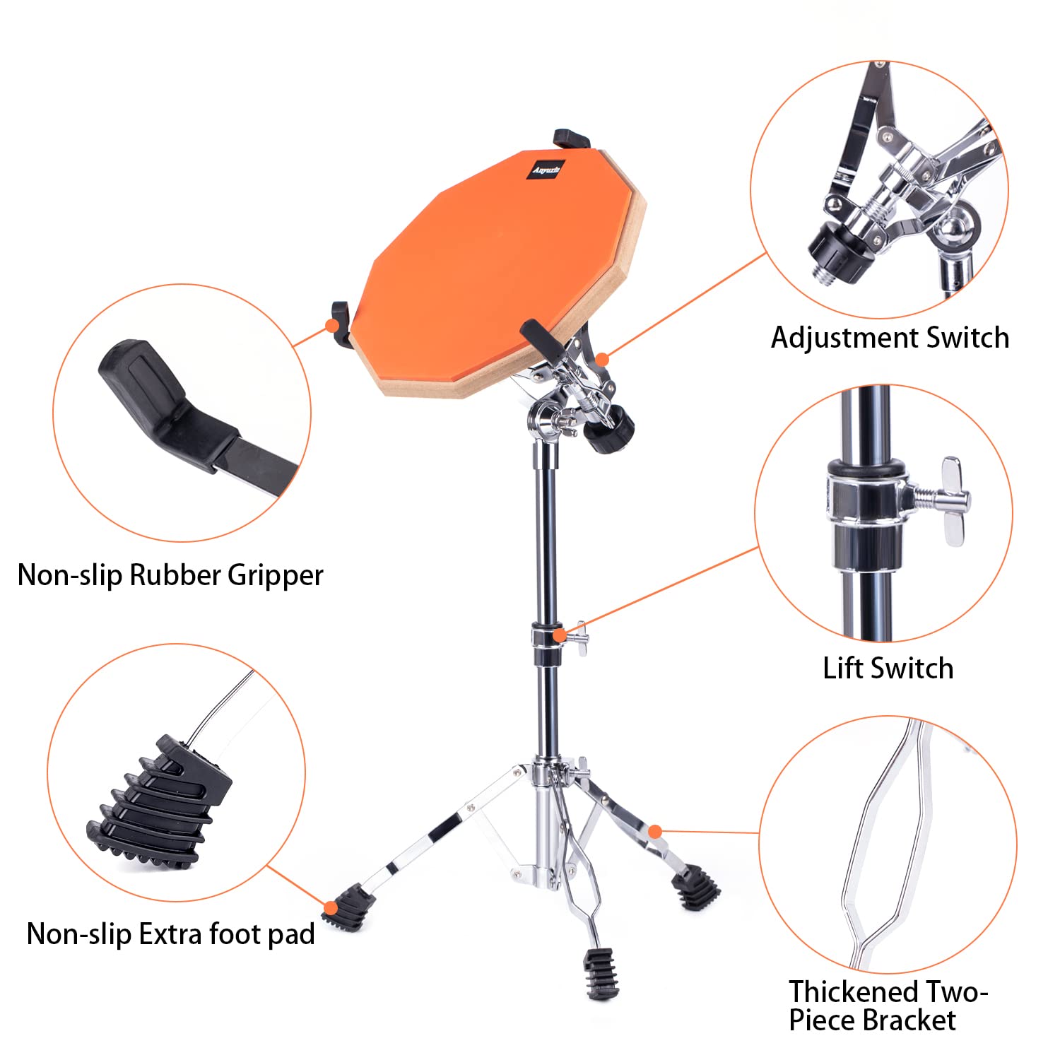 Anyuxin Drum Practice Pad Snare Drum Stand Set, 12 Inch Double Sided Silent Practice Pad with Drum Sticks, Drumstick Holder, Carrying Bag, Adjustable Stand(Fits 10''-14'' Drums) Orange
