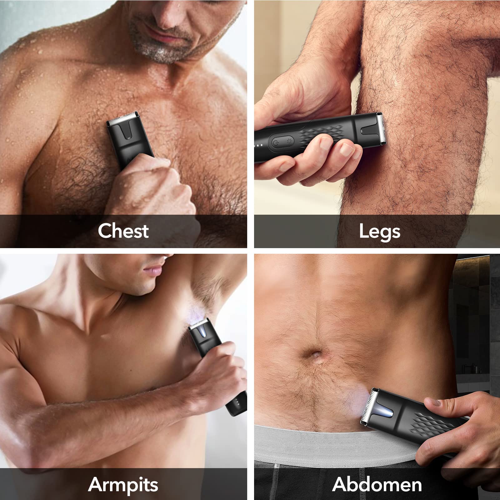 Beesjuy Men's Body Hair Trimmer, Waterproof and Dry Use, LED Light, Ceramic Blade, Matte Material, 100 Minutes Battery Life