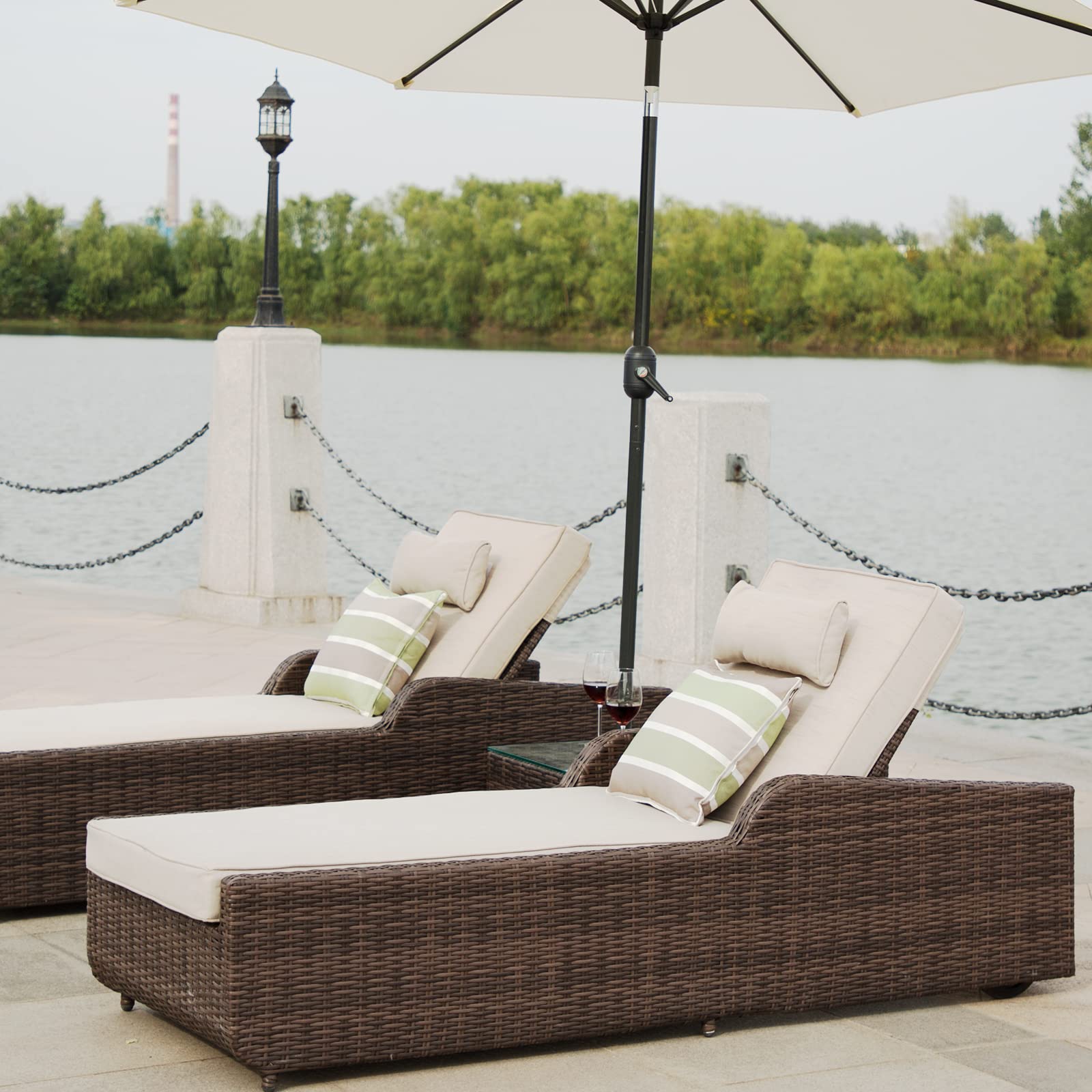 Abrihome® 3 Piece Outdoor Patio PE Rattan Adjustable Chaise Lounge Set with Cushion and Table (Brown)