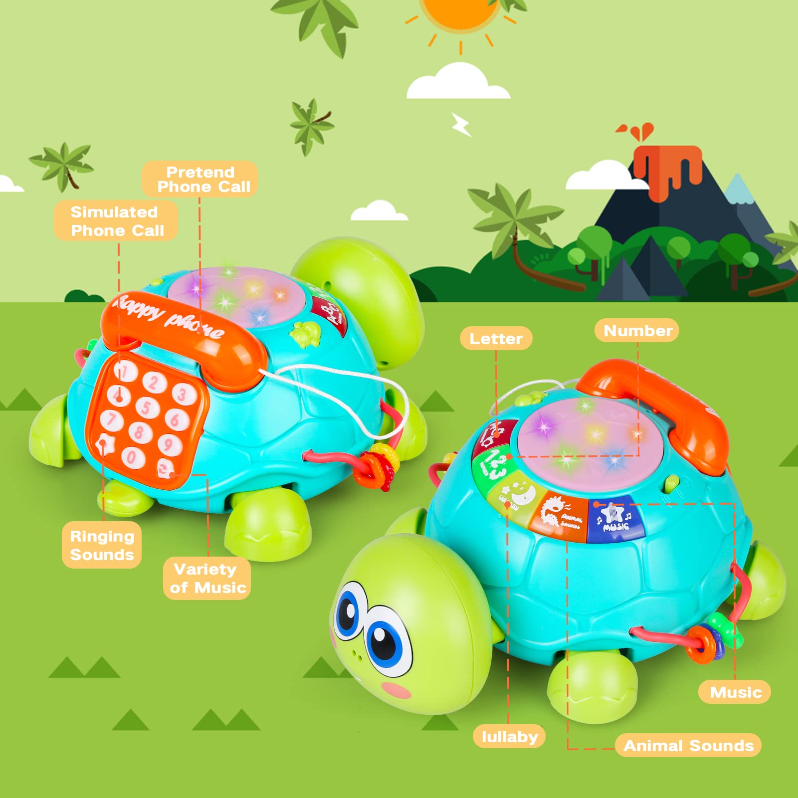 kramow Musical Turtle Toy, Early Educational Developmental Toys, Baby Learning Toy W/Lights & Sounds, Pretend Phone Call,Crawling Baby Toy
