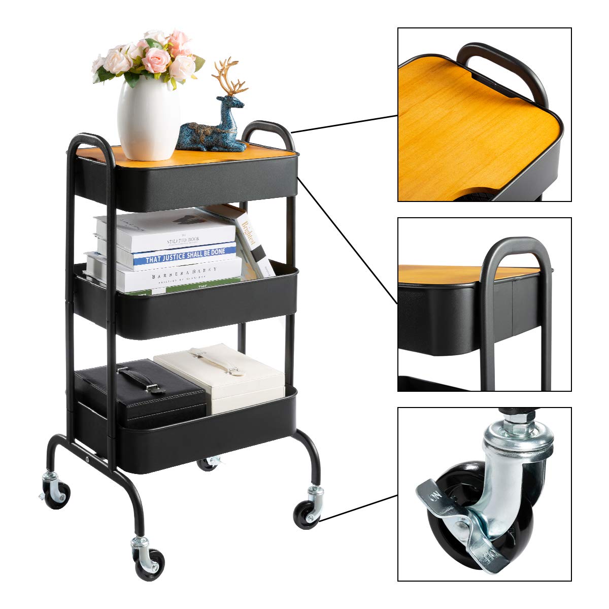 AGTEK 3-Tier Metal Utility Cart with Wheels, Black Storage Rolling Cart with Handles, Movable Makeup Cart with Plants