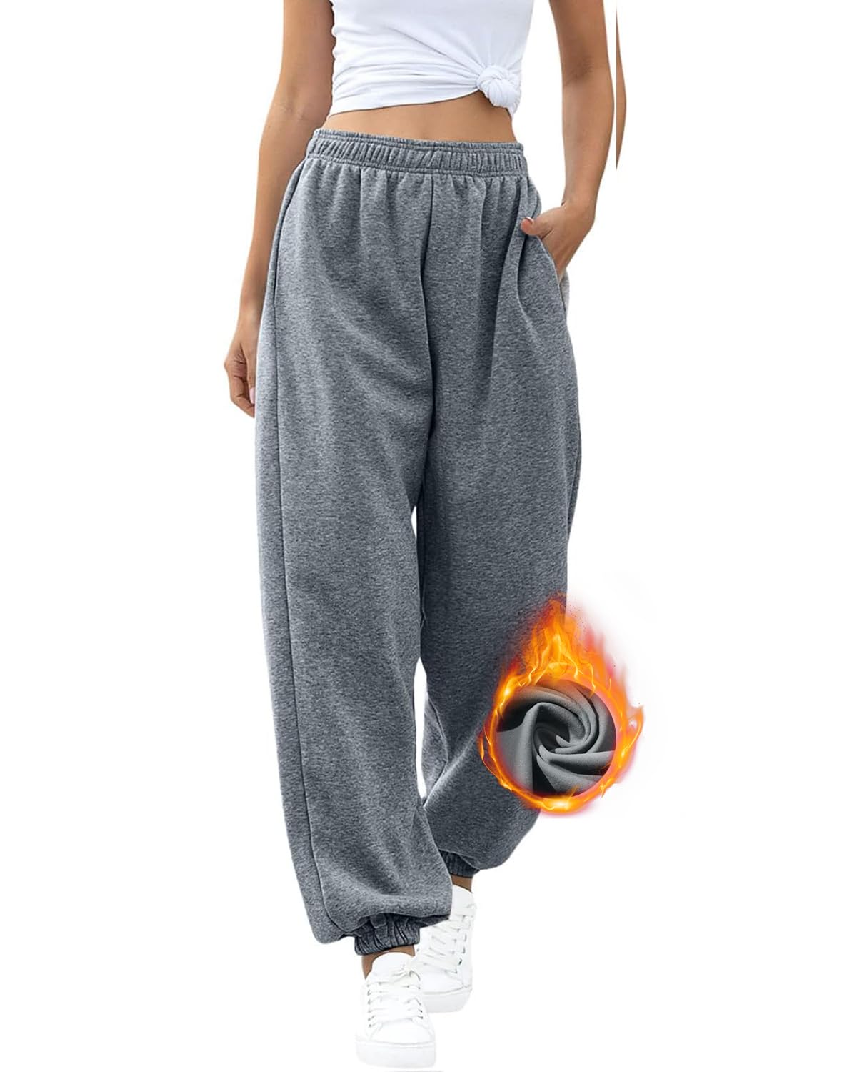 ASHER FASHION Women's Active Thick Jogger Sweatpants Baggy Lounge Yoga Pants with Pockets Sporty Dark Gray Thick S