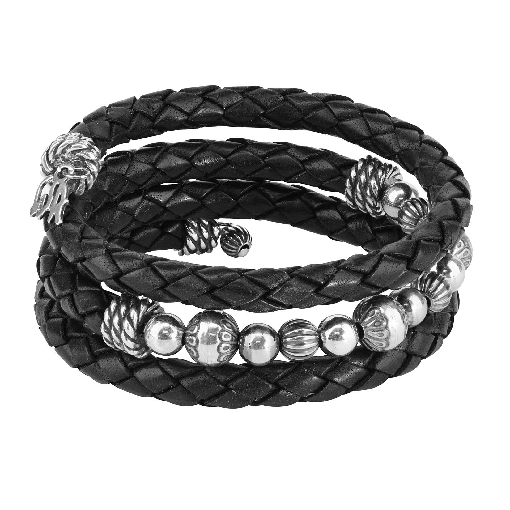 American West Sterling Silver Wrap Bracelet For Men & Women Silver Beaded Black Braided Leather One Size Fits Most