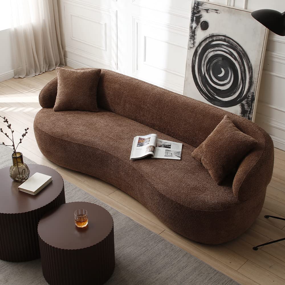 Curved Sofa Couch, 86.6" 3-Seater Modern Boucle Sectional Sofa Couch, Comfy Cloud Upholstered 3 Seat Leisure Cushion Sofa with Pillows for Living Room, Bedroom, Office, Apartment,Brown