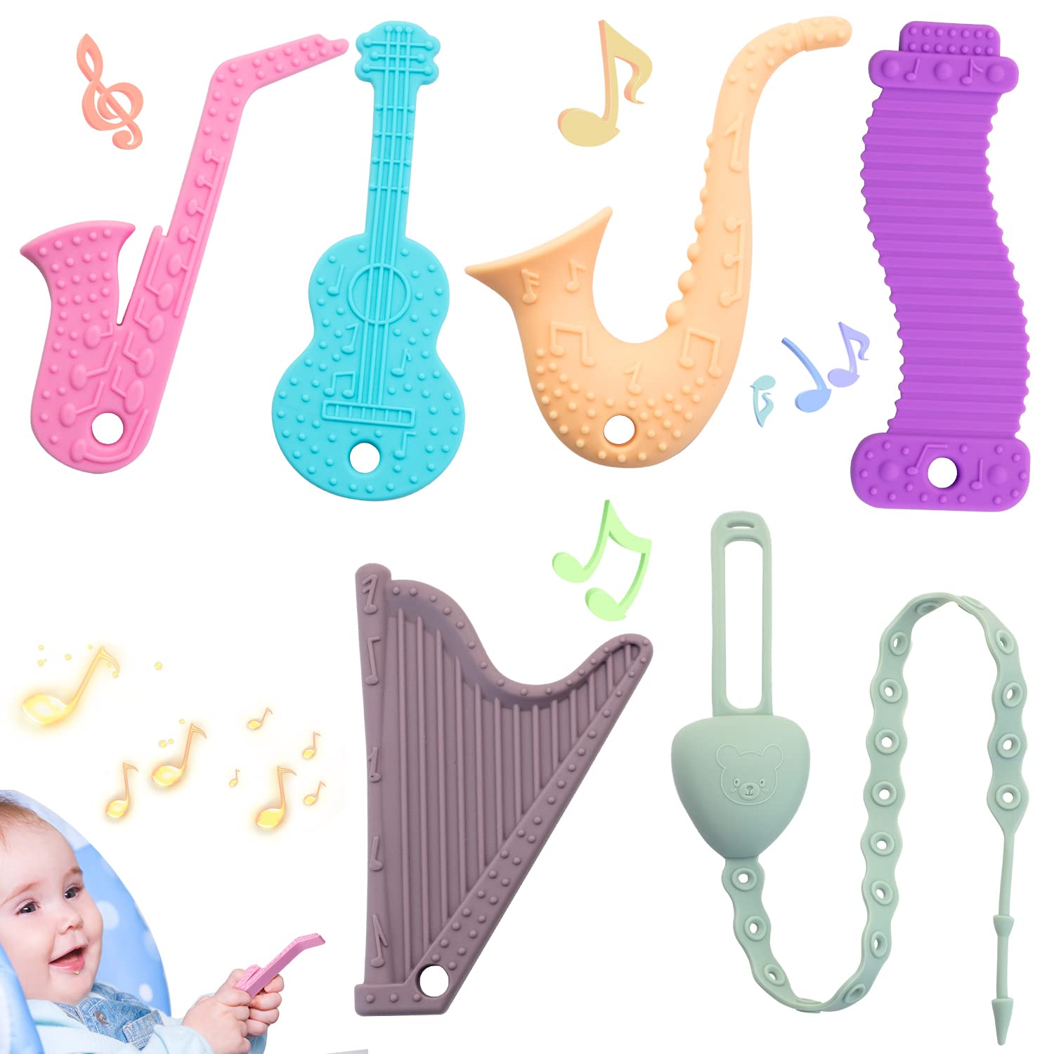 Baby Teething Toys for Babies 6-12 Months, Musical Instrument Set Baby Teether(Includes Anti-Drop Chain), BPA Free Silicone Teethers for Babies, Soft Baby Chew Toys for Soothe Baby's Sore Gums