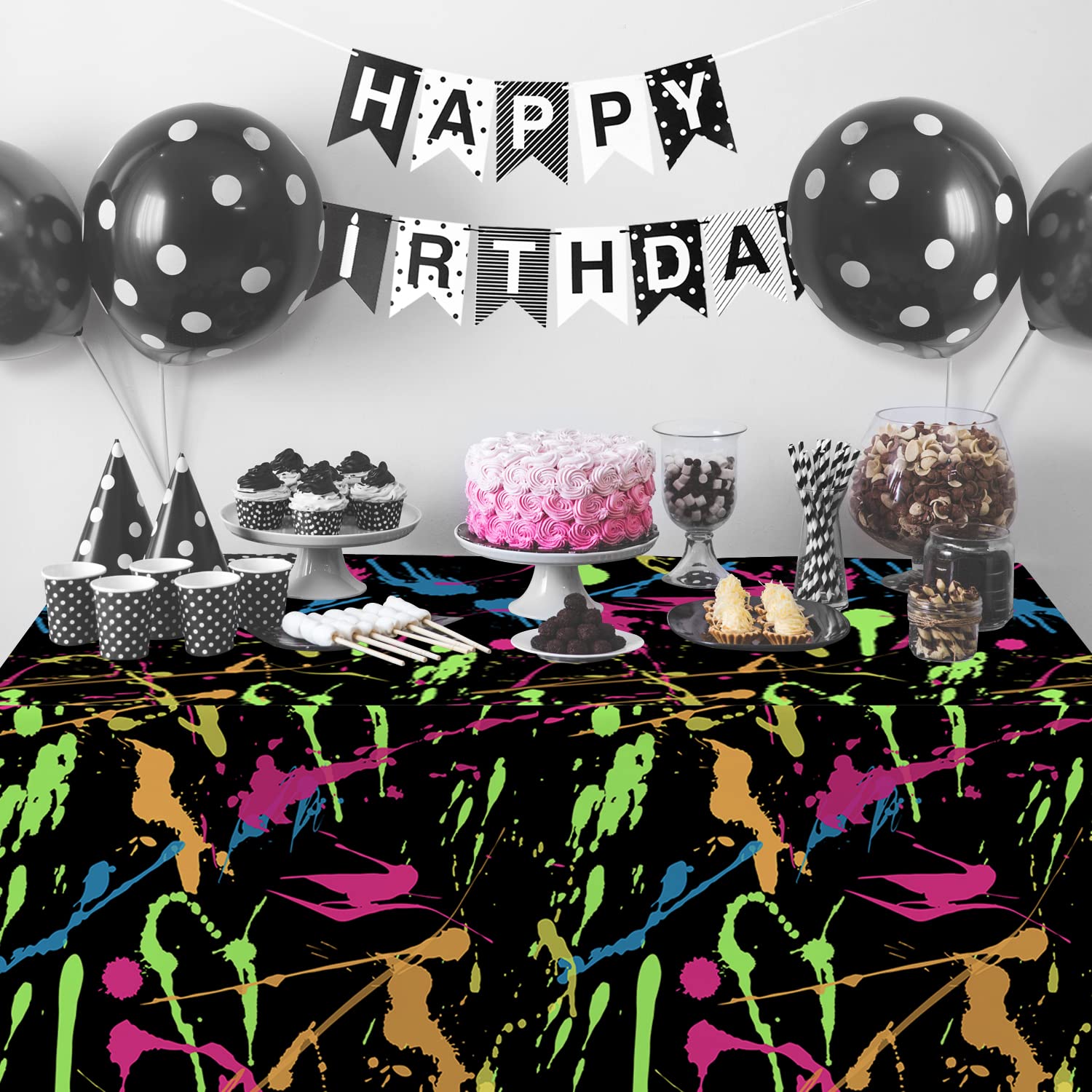 HIPVVILD Neon Party Supplies Tablecloth - Disposable Neon Glow Birthday Party Decorations Table Cover, Neon Glow Graffiti Theme Birthday Baby Shower Party Table Cloth - 4 Pack (54in x 108in)
