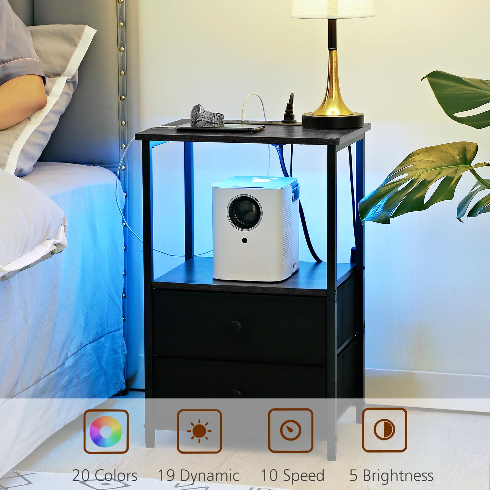 LOAKEKEL Night Stand Set 2, LED Nightstand with Charging Station, End Tables with Storage Shelf for Small Spaces, Bedside Table Side Tables with 2 Fabric Drawers for Bedroom Bedroom HETS02BR