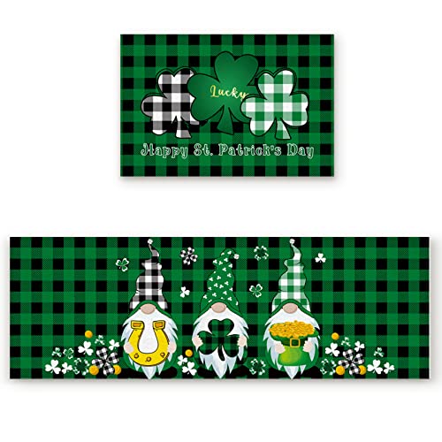 Arts Print Shamrocks Kitchen Rug Mat Set of 2,St.Patrick's Day Gnomes Buffalo Plaid Runner Rug,Non-Slip Durable Kitchen Floor Mat for Sink,15.7x23.6Inch+15.7x47.2Inch