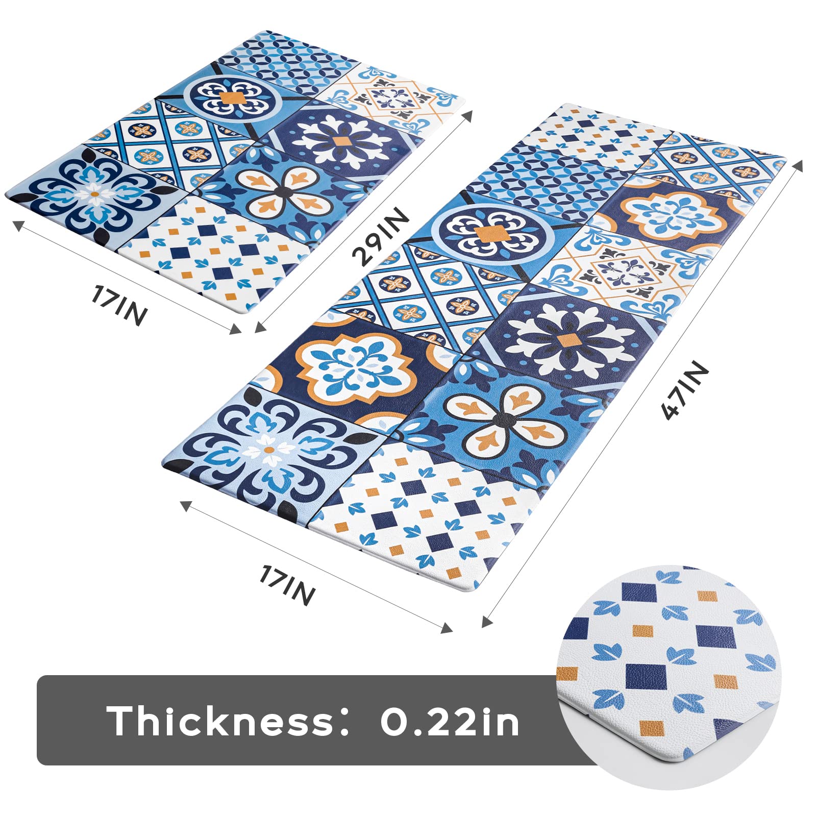 Ashler Kitchen Mats Anti-Fatigue Kitchen Rugs, Non-Slip Waterproof Kitchen Floor Mats, 2PCS Ergonomic Comfort Foam Standing Rug for Kitchen, Office, Floor, Laundry, Sink, 17x47 in & 17x29 in, Blue