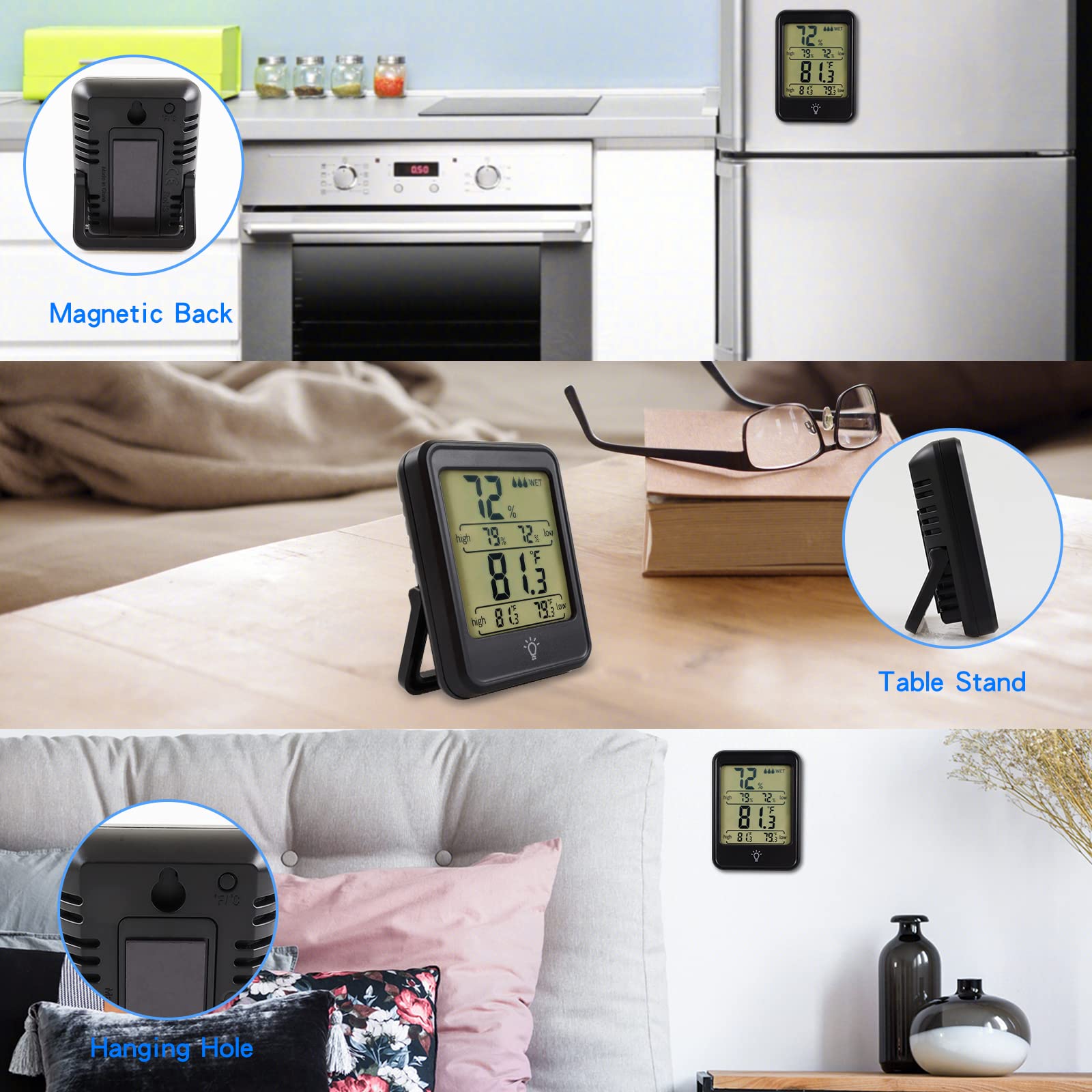 Indoor Thermometer Digital Hygrometer Room Thermometer Humidity Monitor with Backlight,Suitable for Bedroom,Baby,Flower Room,Wine Cellar,Laboratory,Battery Included (2, Black and White)