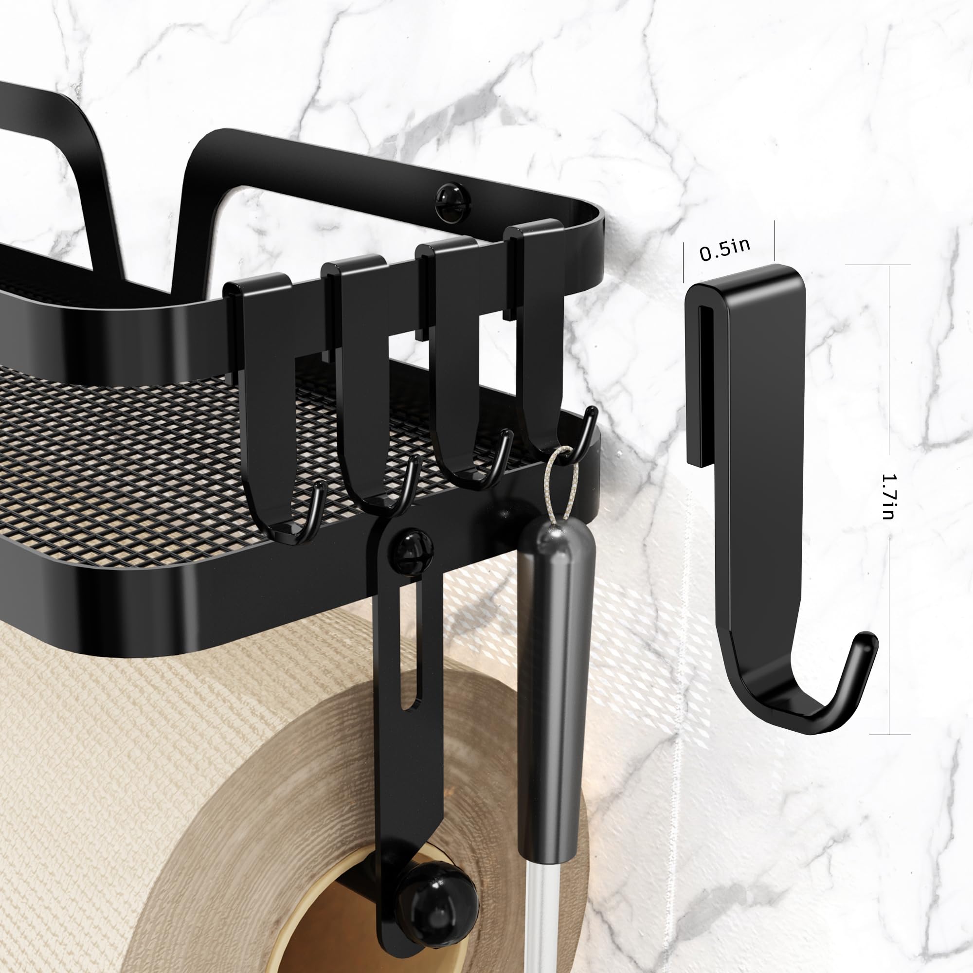 Taozun Paper Towel Holder with Shelf, Kitchen Paper Holder Spice Rack Black Paper Towel Roll Holder RV Paper Towel Rack with 4 Hooks(2 Installation Methods - Self-Adhesive and Drilling)