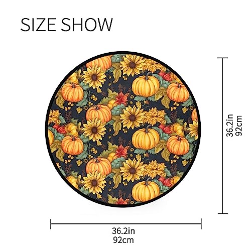 Fall Pumpkins Sunflowers Area Rug Round 3ft Thanksgiving Circular Carpet Floor Mat Soft Non Skid for Living Room Dining Holiday Decor Seasonal Washable
