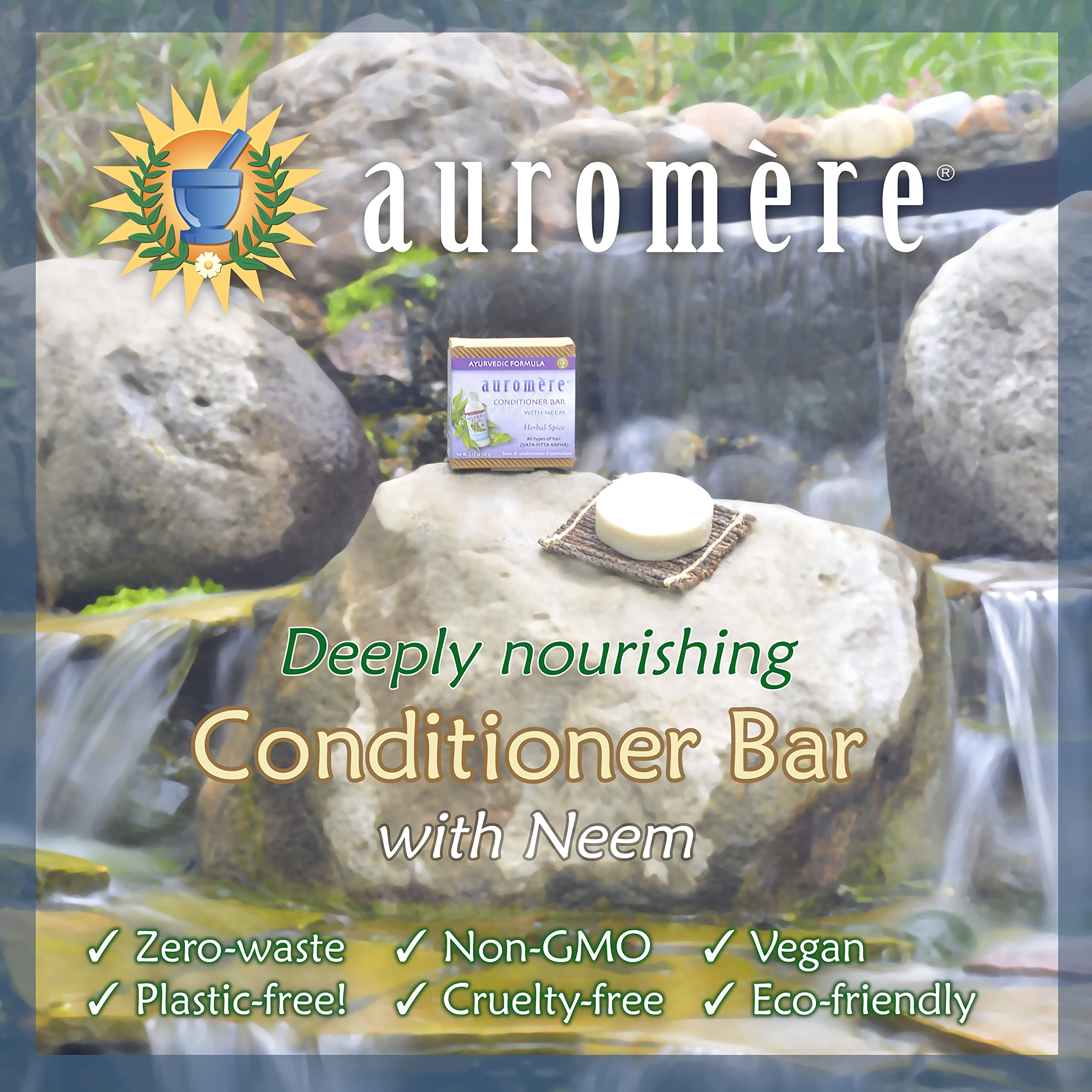 Auromere Ayurvedic Conditioner Bar for All Hair Types β Vegan, Non-GMO, Deep Moisturizing, Nourishing Herbal Formula with Neem, Zero Waste, Recyclable packaging (2.12oz solid bar), 1 Pack