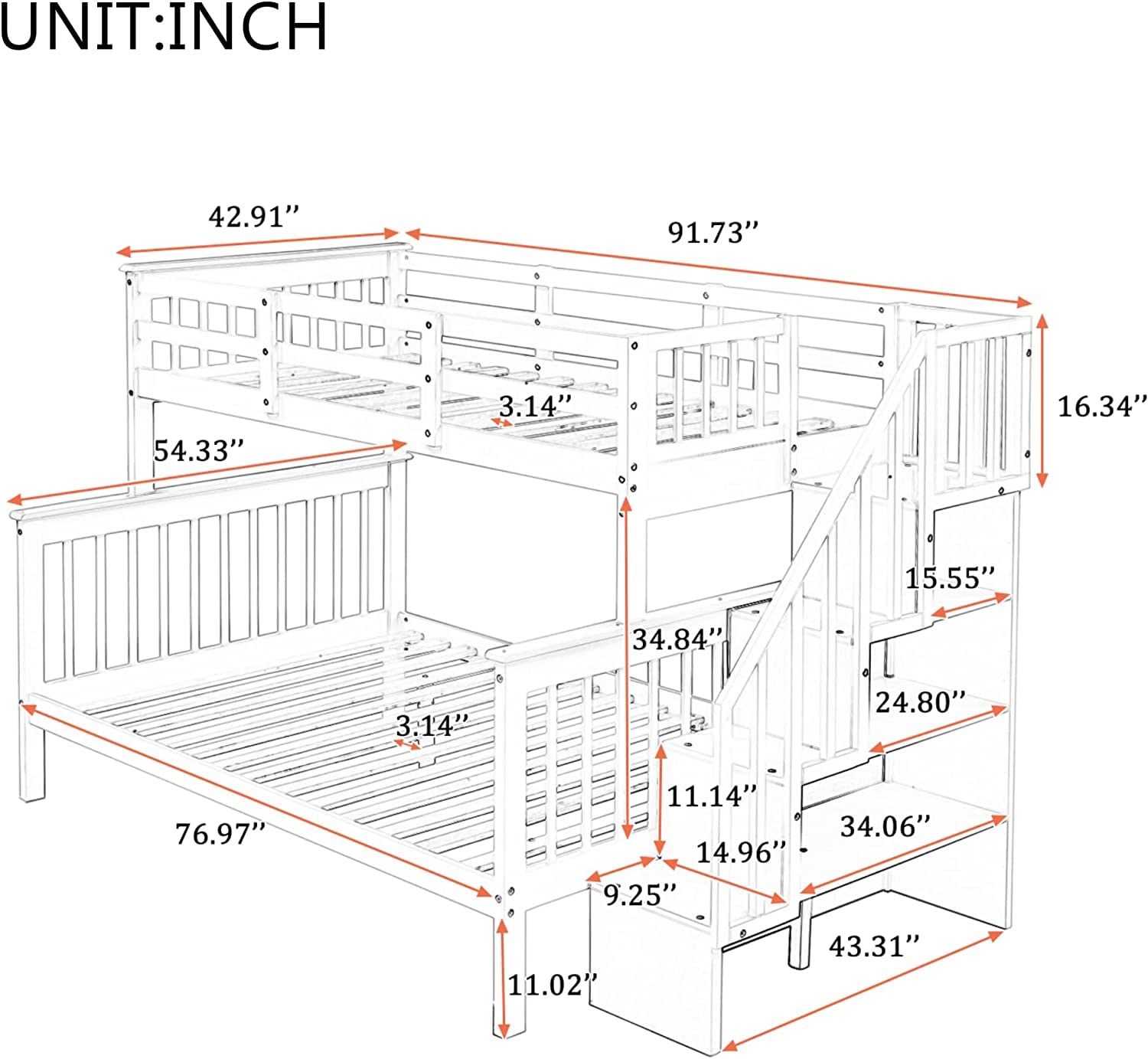 CITYLIGHT Bunk Beds Twin Over Full Size with Stairs, Wooden Bunk Beds with Storage Open Shelves, Stairway Bunk Bed Convertible to 2 Separated Beds,Kids Bunk Beds for Bedroom, Dorm,Espresso