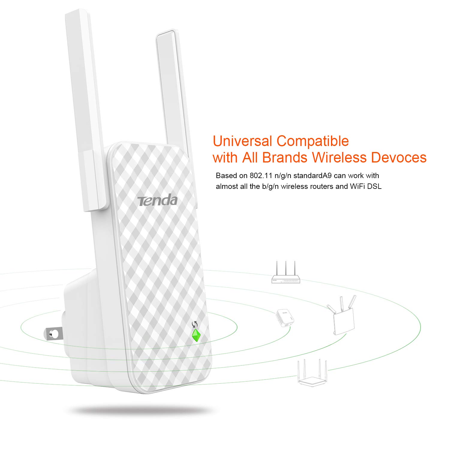 Tenda N300 WiFi Extender(A9), WiFi Extenders Signal Booster for Home, Single Band WiFi Range Extender, Internet Booster, Wall Plug Design, 2.4Ghz Only