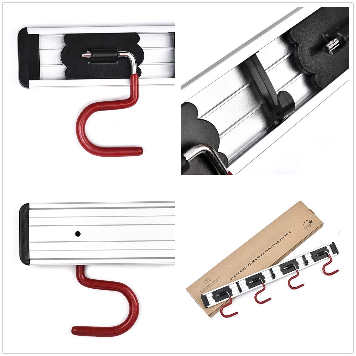 QBOSO Wall Mounted Mop and Broom Holder Stainless Steel S Type Broom Rack Anti-Slip Mop Organizer (17 Inches ,4 Positions 3 Hooks , Red black)