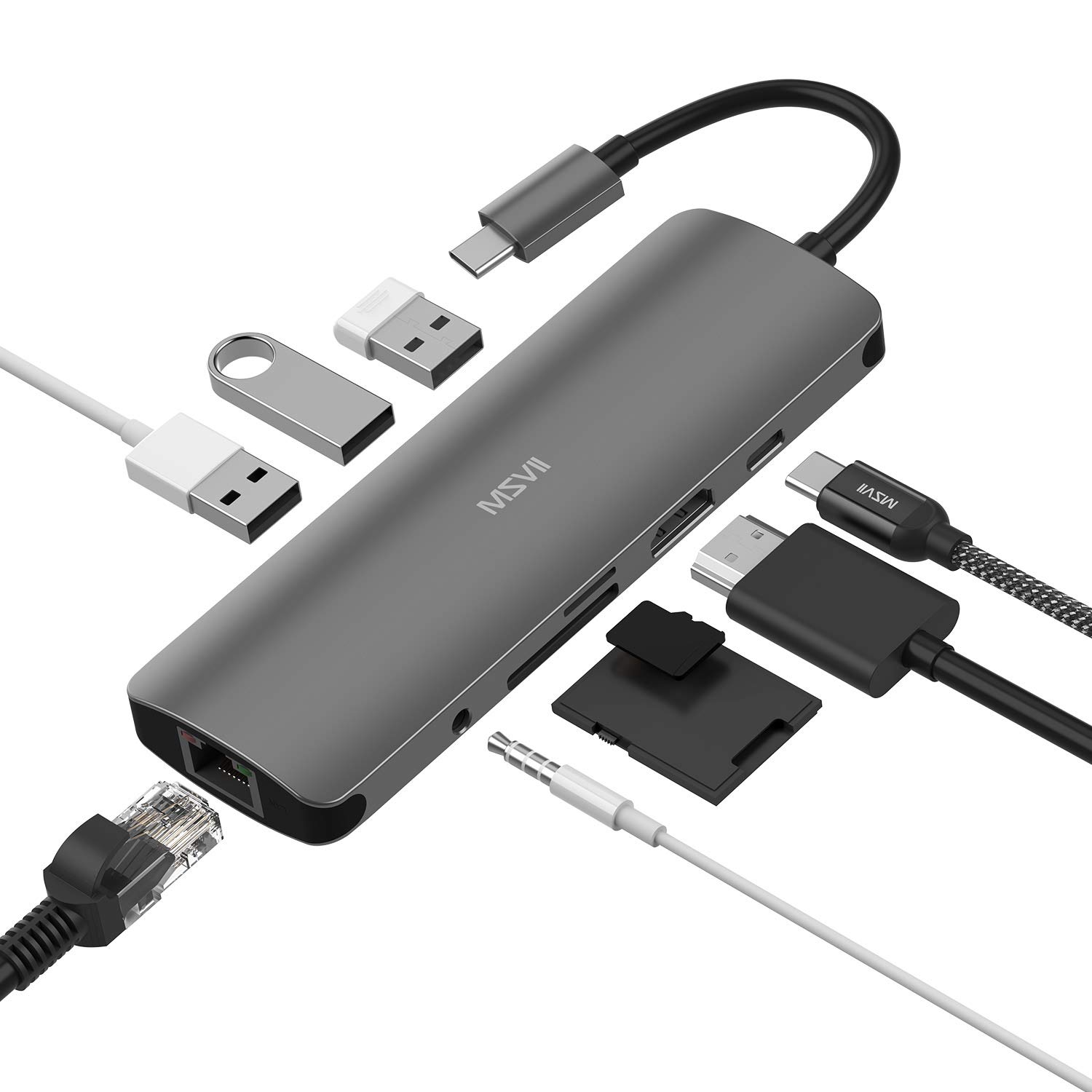 MSVII USB C Hub, 9 in 1 USB Type C Adapter with Ethernet, 4K USB C to HDMI, 3 USB 3.0 Ports, SD/TF Card Reader, 3.5mm Audio Jack, PD Fast Charging for Mac Book Pro and Other Type-C Laptops