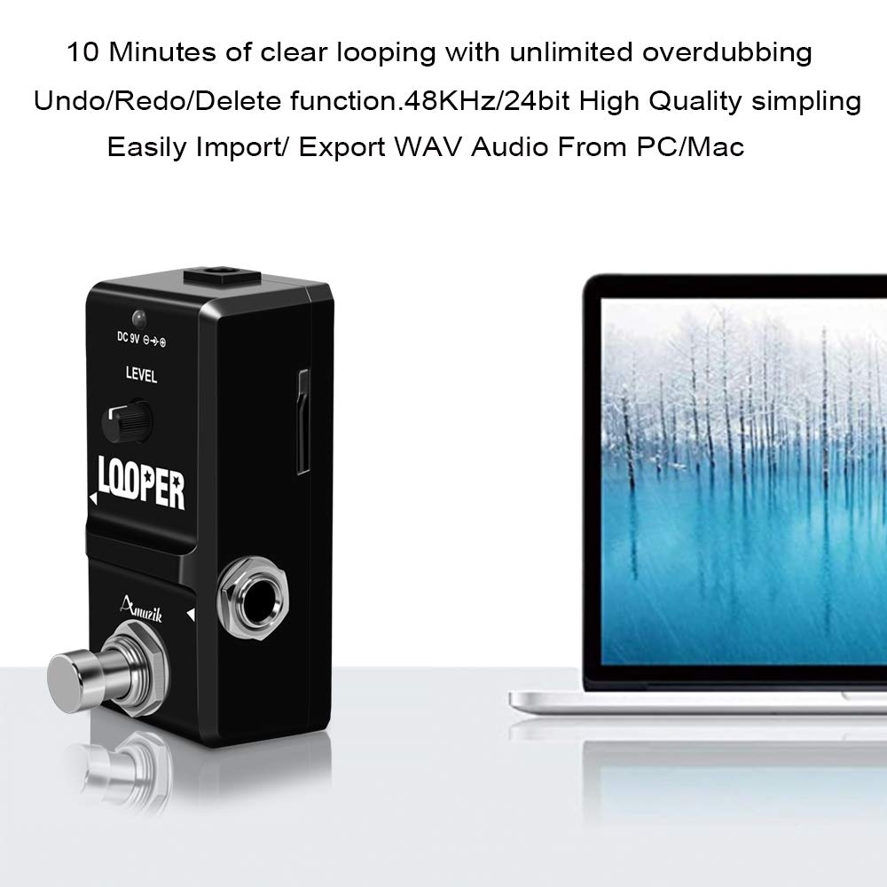 Amuzik Tiny Looper Effect Pedal Loop Pedal for Electric Guitar, Guitar Effects Pedal, 10 Minutes of Looping Unlimited Overdubs 1G SD Card Inside Easy and Quick, Black