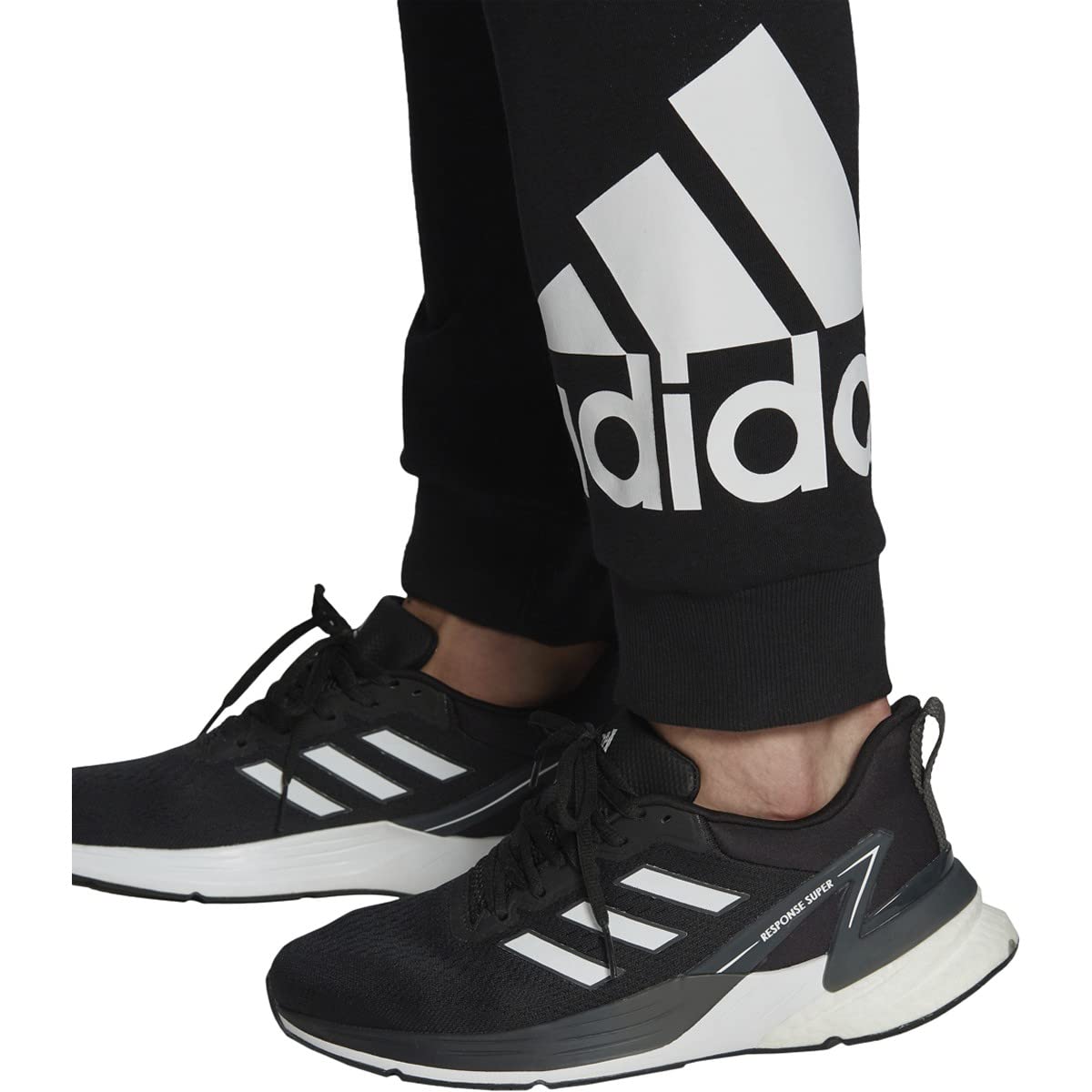 adidas Men's Essentials Fleece Tapered Cuff Logo Pants, Black/White, Large