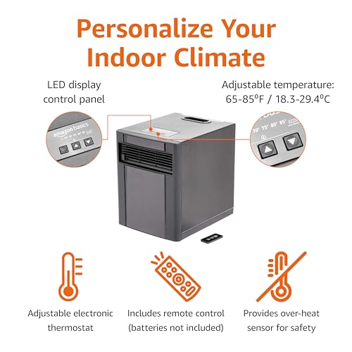 Amazon Basics Portable Space Heater, With Remote Control, Adjustable Thermostat, LED display, Energy-Saving ECO-Smart Setting, 1500W, Black, 11.4"D x 14.5"W x 14.7"H
