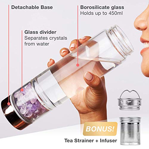 Rose Gold Crystal Elixir Infused Clear Motivational Water Bottle + Tea Infuser + Protective Sleeve + Removable Crystals Healing Stones | Witchcraft Supplies Infuser Water Bottle β 15 Oz (Amethyst)