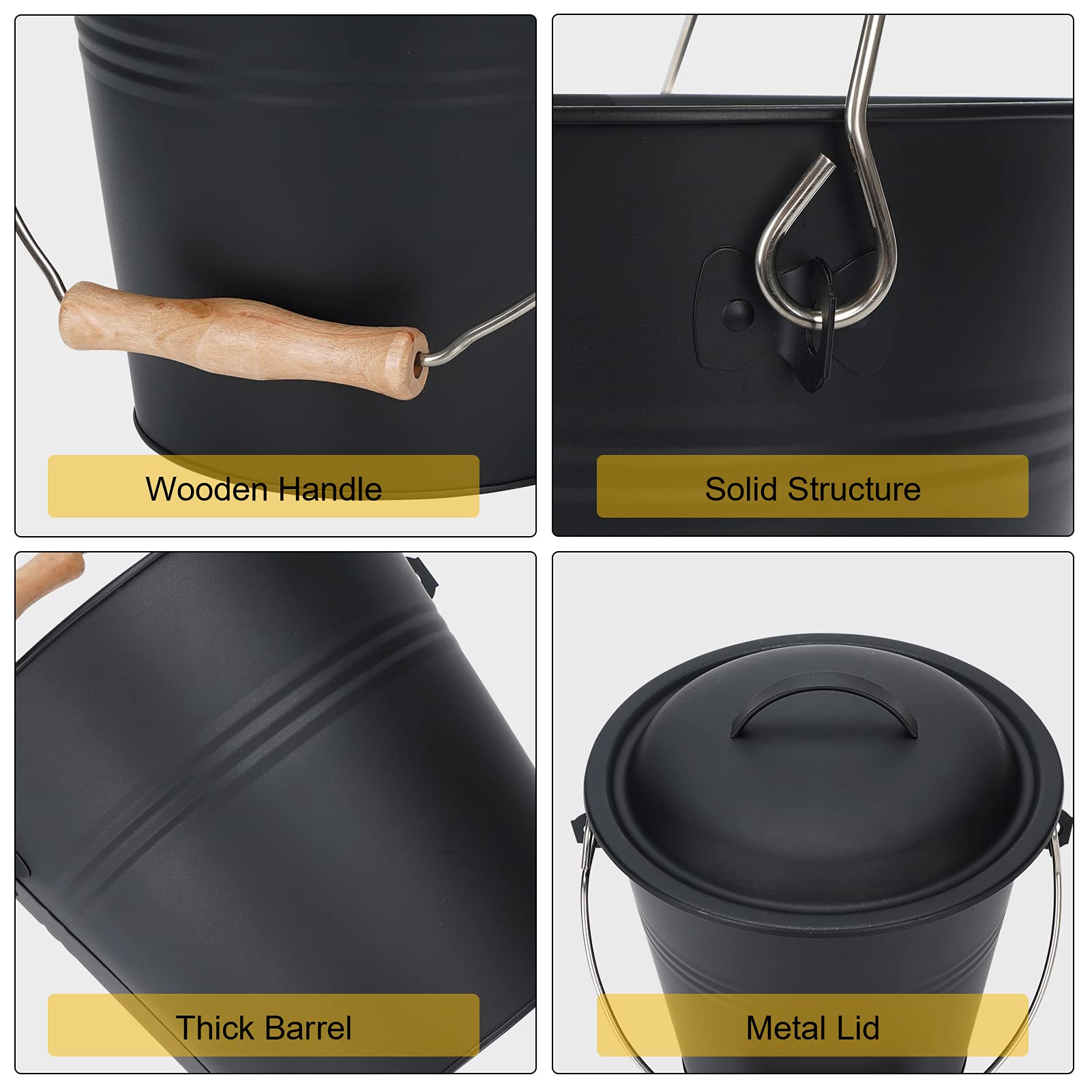 MINI Ash Bucket with Shovel and Hand Broom, 2 Gal Pail with Lid, Metal Bucket Coal and Ash Carrier Wood Pellet Storage Container Tool set for Fireplace Fire Pit, Iron Ash Wood Burning Stove