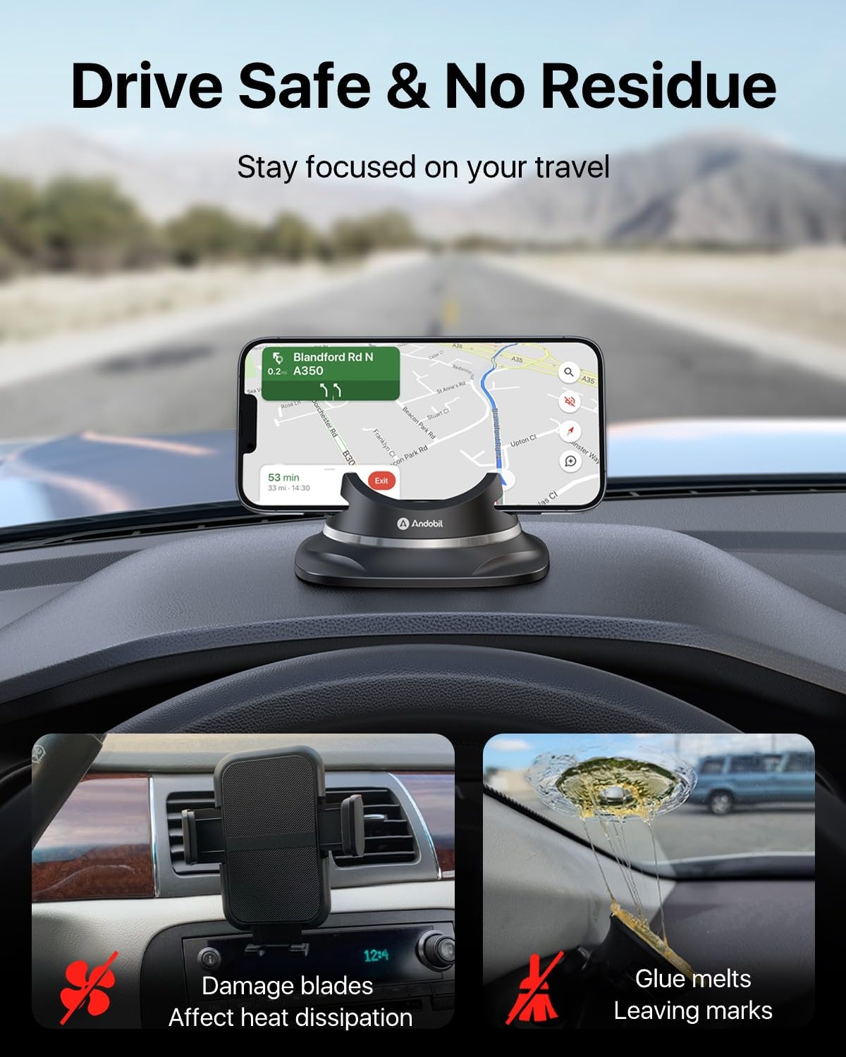 andobil Newest Car Phone Holder Mount, Stable & Silicone Phone Mount for Car, 360° Rotatable Dashboard Cell Phone Holder, Car Phone Stand Compatible with iPhone 15 Pro Max/14/13/12, Samsung S24/23/22