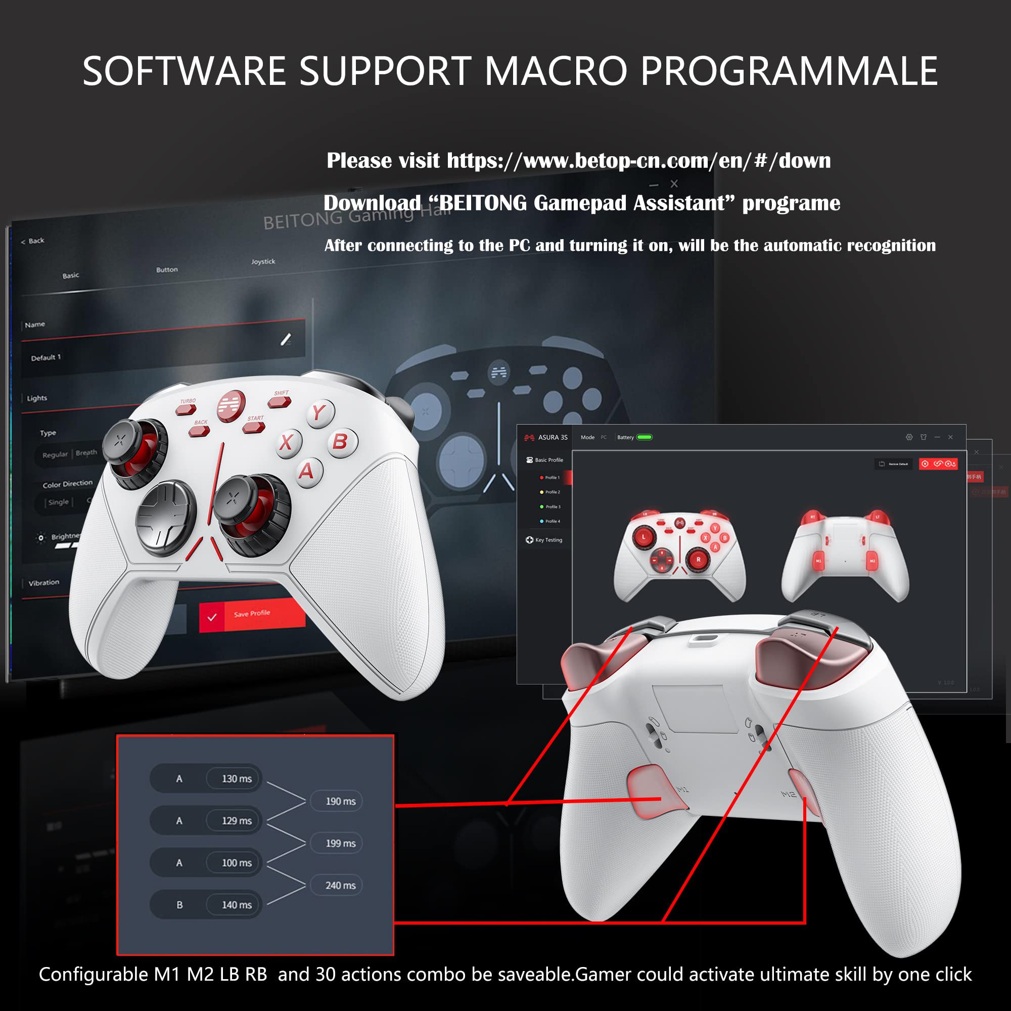 BEITONG Asura 3S PC Game Controller Wireless Gamepad For Windows 7 8 10 11 Steam Switch,950 mAh/Anti-wear Joystick Sensitivity Adjust Instant/Mechanic Keys/Trigger Locks/Modulary (White)