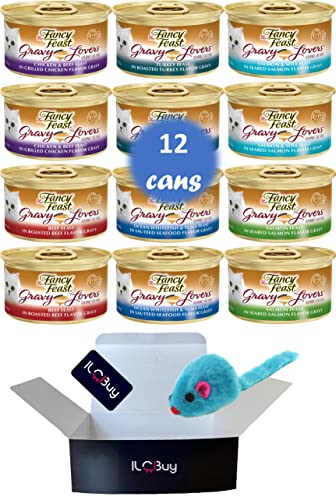 Fancy Feast Gravy Lovers Bundle, 2 Turkey, 2 Ocean Whitefish, 2 Salmon & Sole, 2 Beef, 2 Salmon Feast , & 2 Chicken & Beef. Each can is Total of 12 cans and Mouse Toy., 3 Ounce (Pack of 12)