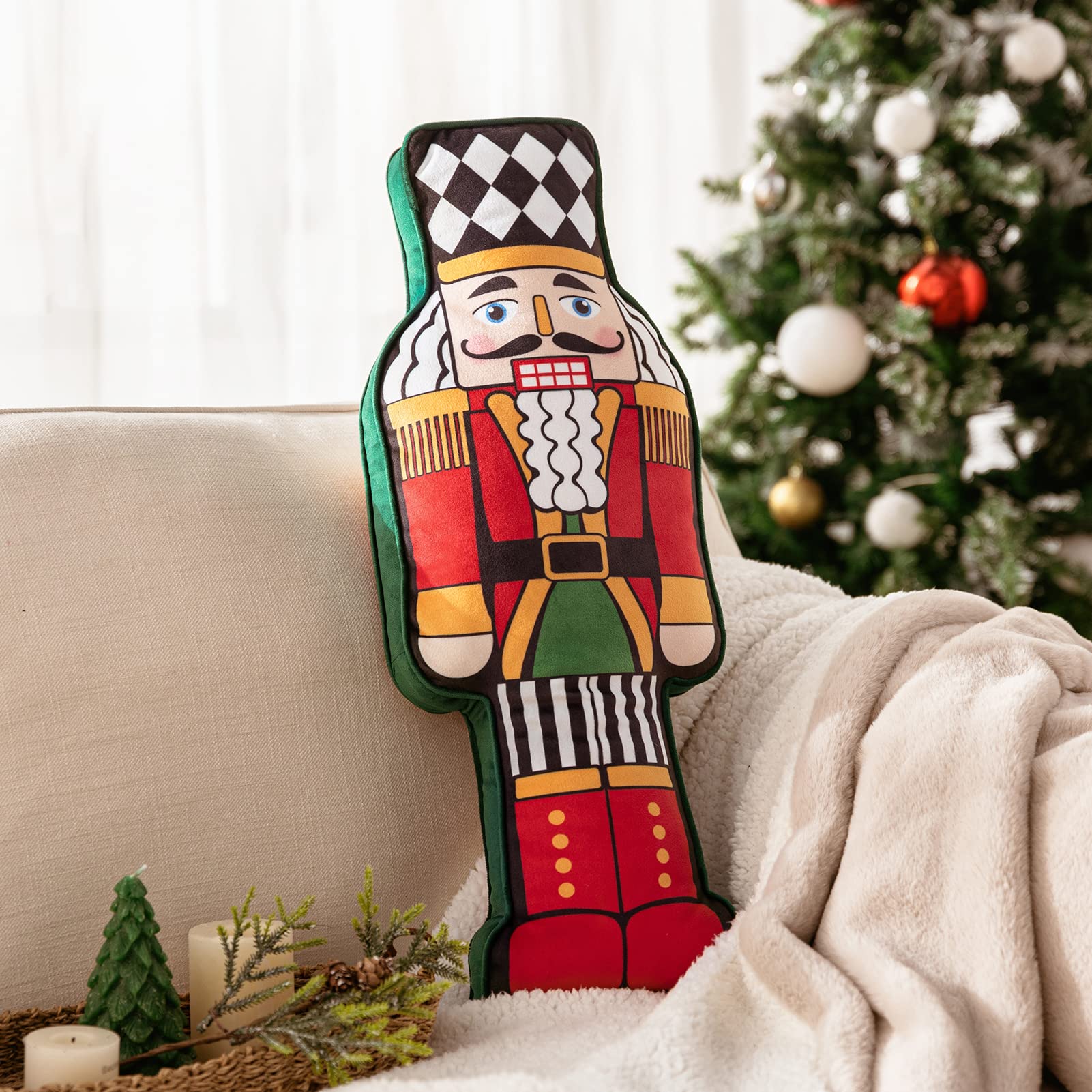 Ashler Nutcracker Christmas Throw Pillow, Nutcracker Hooked Shaped Pillow, Velvet 3D Decoration Throw Pillows, Nut Cracker Christmas Decor Cushion for Couch Chair Bed, 23.5x8.5 Inches, Red