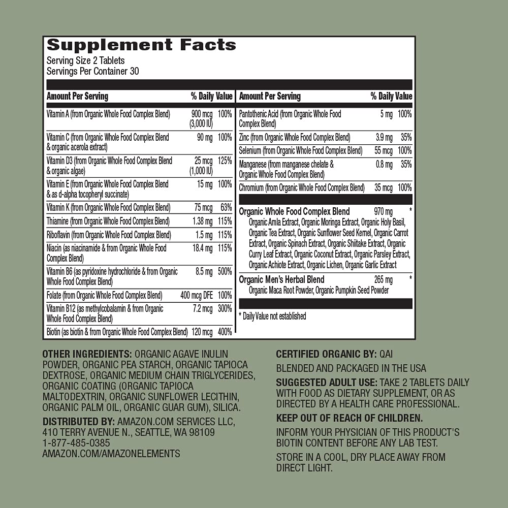 Amazon Elements Organic Whole Food Men's Multivitamin Tablets, 60 Count