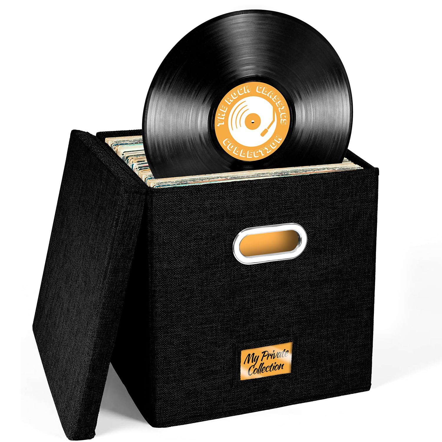 Vinyl Record Storage Box for up to 50+ 12-Inch Albums, Records Crate, LP Album Storage, Fabric Storage Boxes with Lids for Moving, Office, Closet, Home Organizer 13x13x13 (Black)