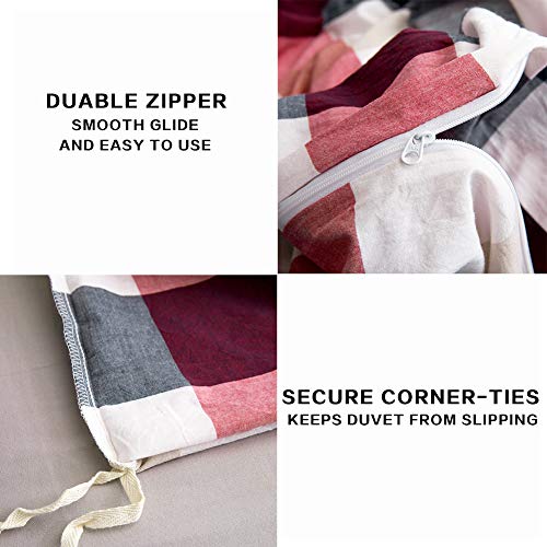ECOCOTT 3 Pieces Duvet Cover Set Queen 100% Washed Cotton 1 Duvet Cover with Zipper and 2 Pillowcases, Ultra Soft and Easy Care Breathable Cozy Simple Style Bedding Set(Red,Blue and White Grid)