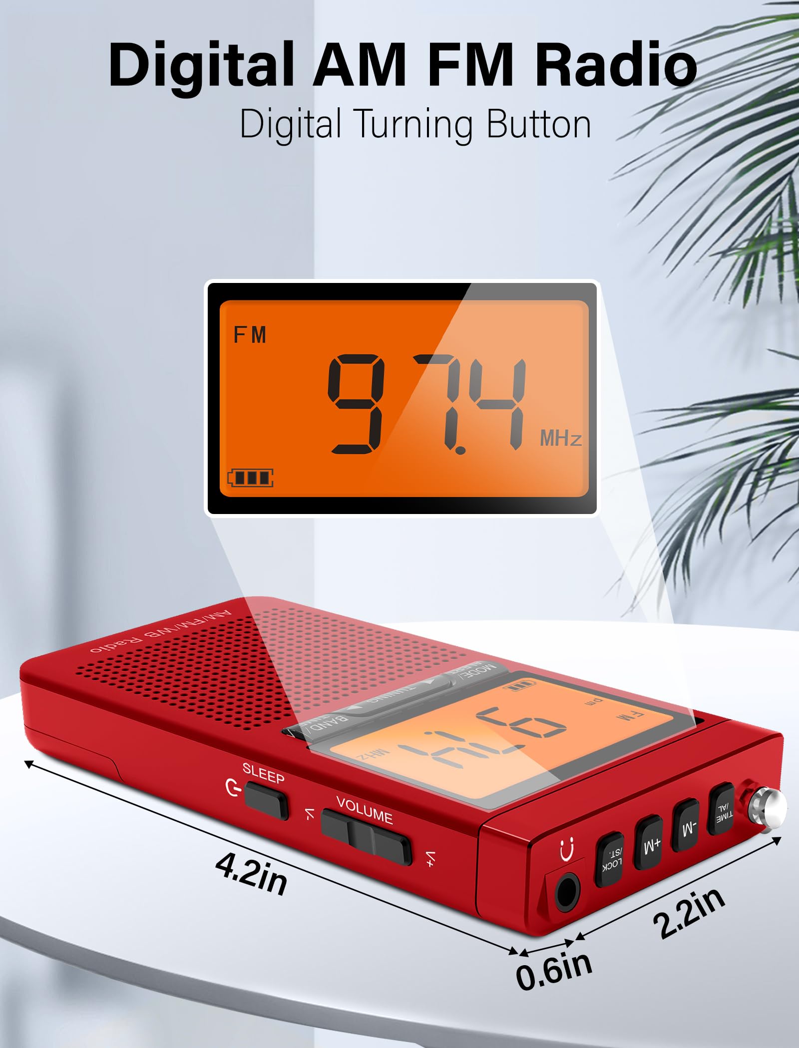 AM FM Portable Radio Personal Radio with Excellent Reception Battery Operated by 2 AAA Batteries with Stero Earphone, Large LCD Screen, Digtail Alarm Clock Radio(Red)