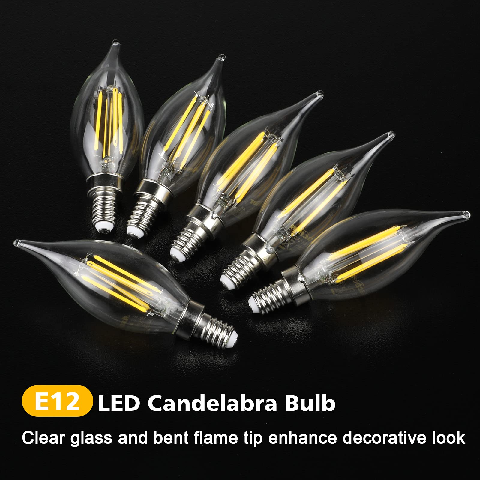 Ascher E12 Candelabra LED Light Bulb, 60 Watt Equivalent, 550 Lumens, Daylight White 5000K, Flame Tip Decorative LED Filament Candle Bulb, E12 Base, Non-Dimmable, Pack of 6