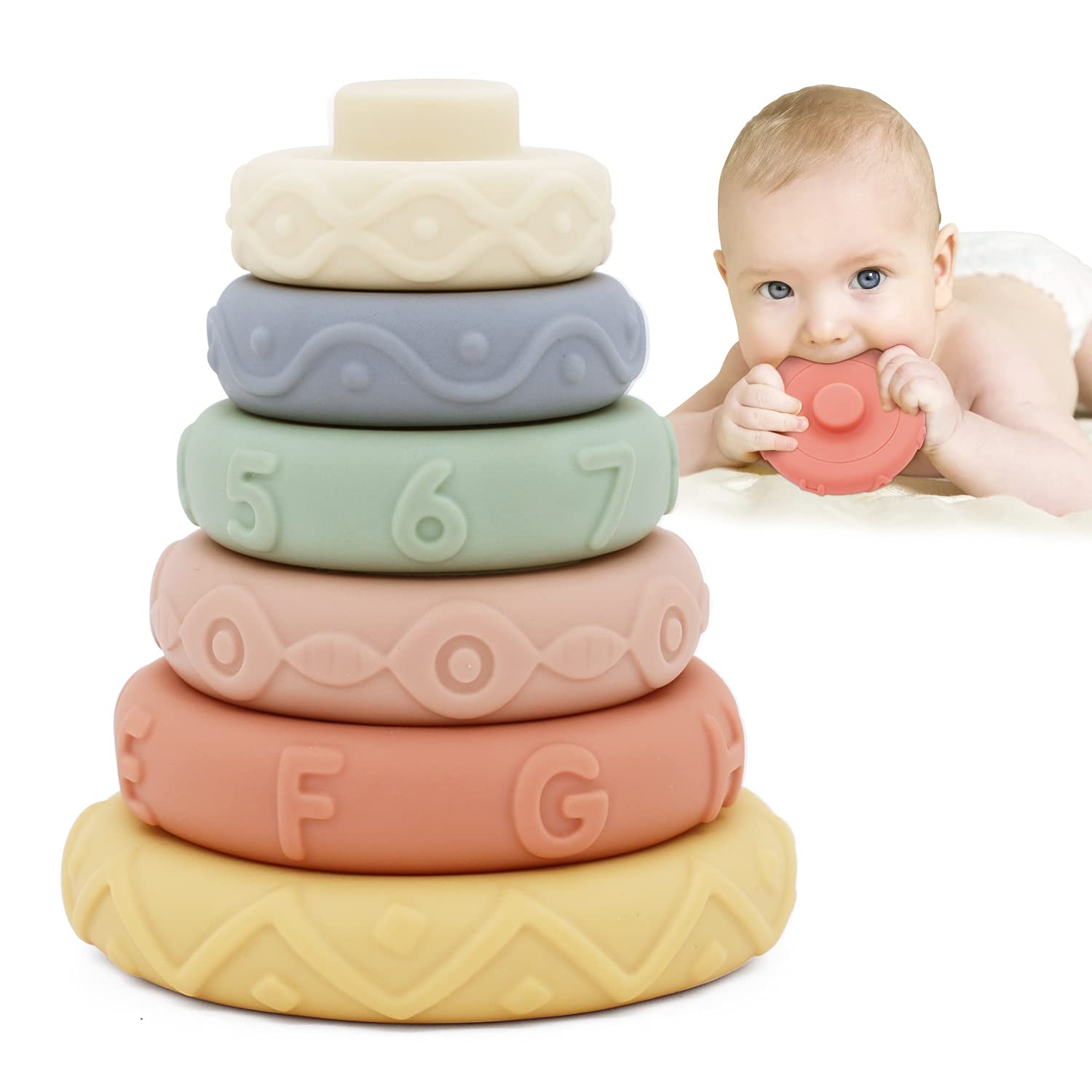 MARUMINE 6PCS Stacking Cricle Toys, Nesting & Building Rings Stacker, Soft Silicone Squeeze Teethers Play Set, Early Educational Learning Stacking Tower for 6+ Months Baby Boys Girls